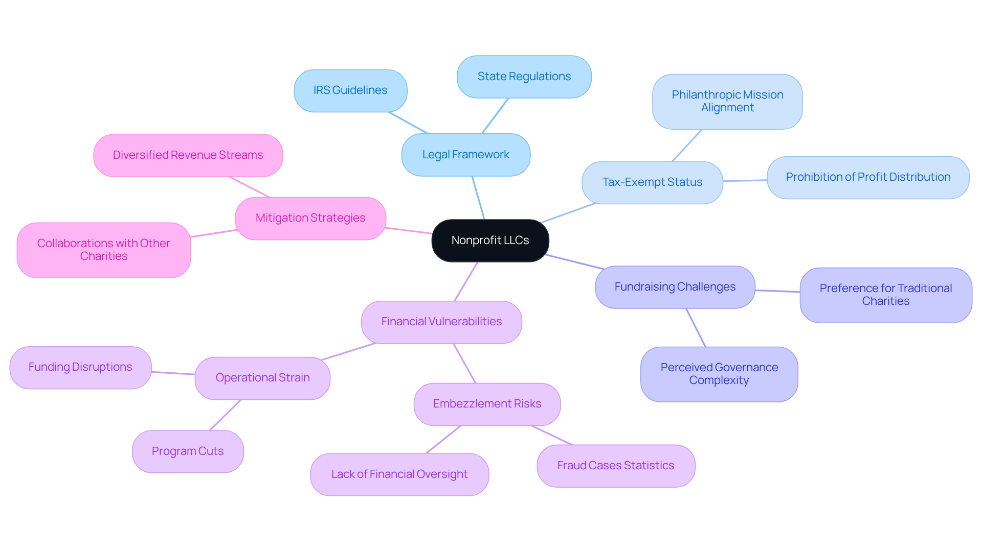 The center represents nonprofit LLCs, with branches showing different aspects like legal issues, fundraising hurdles, and ways to overcome challenges. Follow the branches to understand how these elements connect. The center represents nonprofit LLCs, with branches showing different aspects like legal issues, fundraising hurdles, and ways to overcome challenges. Follow the branches to understand how these elements connect.