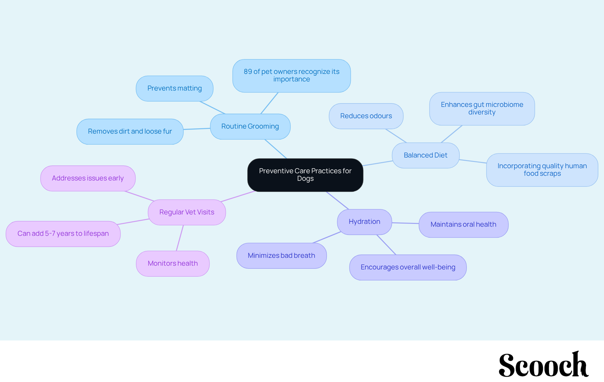 The center shows the main topic, and each branch represents a strategy to keep your dog fresh. Follow the branches to see the details and benefits of each practice. The center shows the main topic, and each branch represents a strategy to keep your dog fresh. Follow the branches to see the details and benefits of each practice.