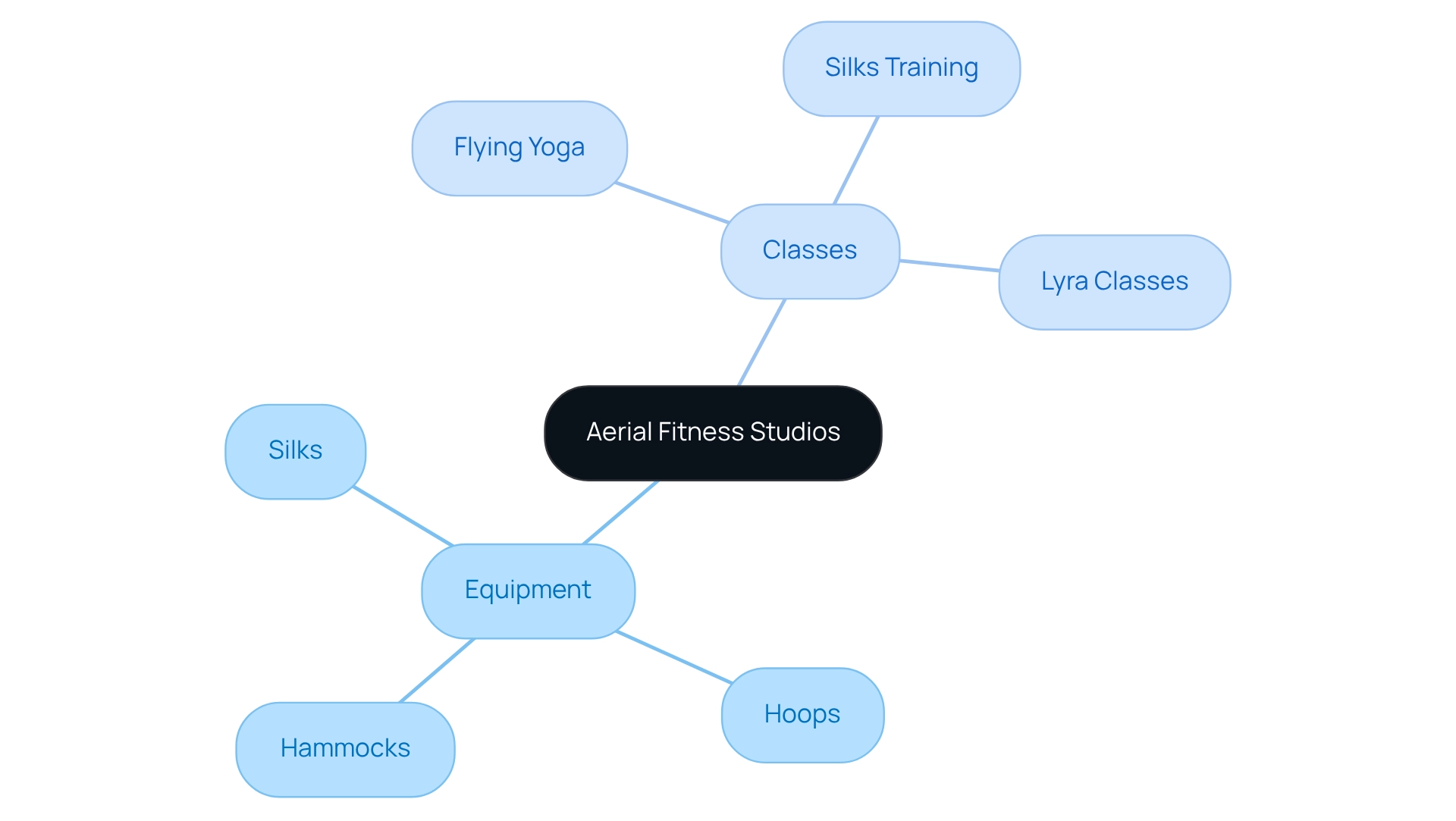The center node represents the main topic, while the branches illustrate the types of equipment and classes offered. Each color-coded branch helps you quickly identify the category it's related to, making it easy to follow the connections.