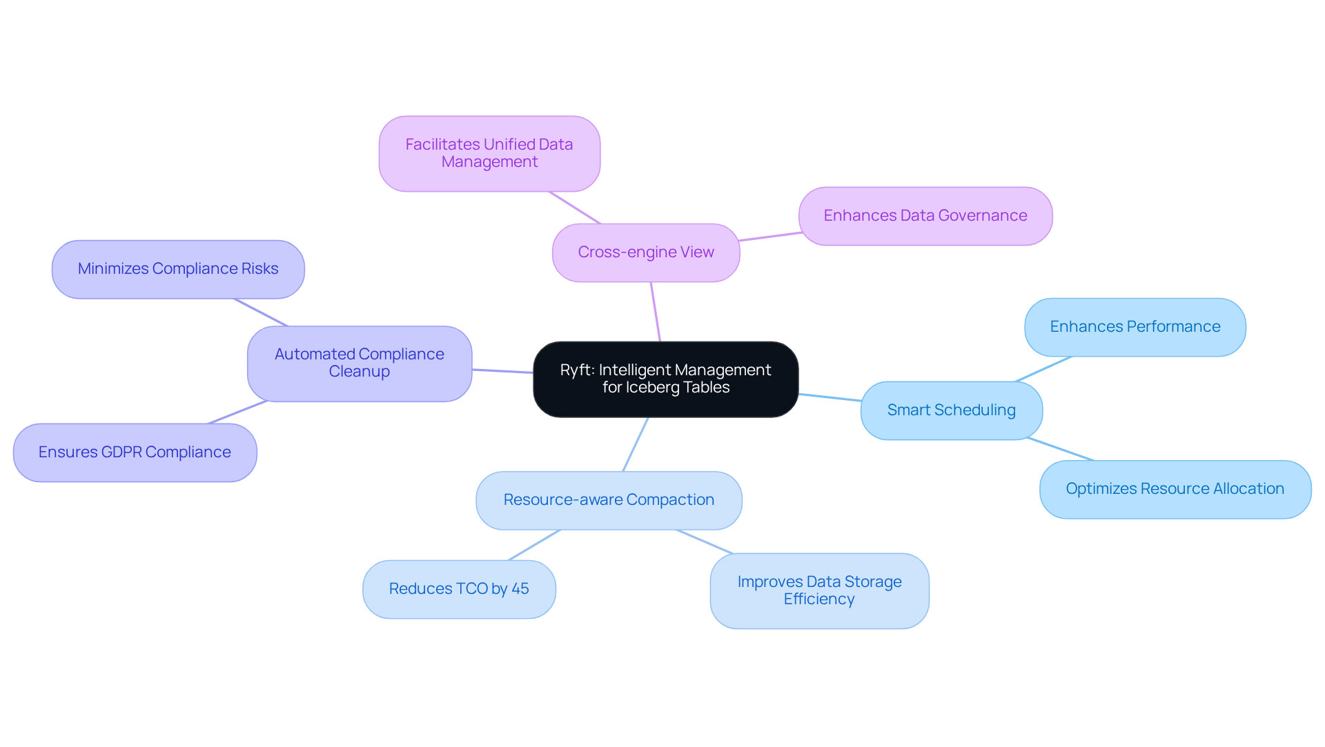 The central node represents Ryft, and the branches show its key features. Each feature connects to its benefits, illustrating how they work together to improve data management.