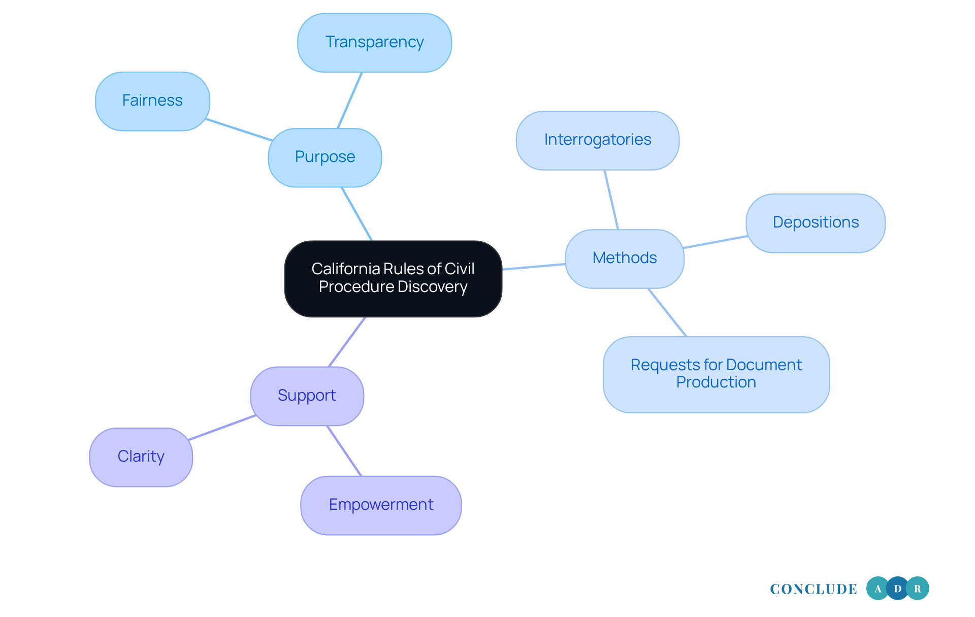 Start at the center with the discovery process, and follow the branches to see its purpose, the methods used, and the support available during the legal journey.