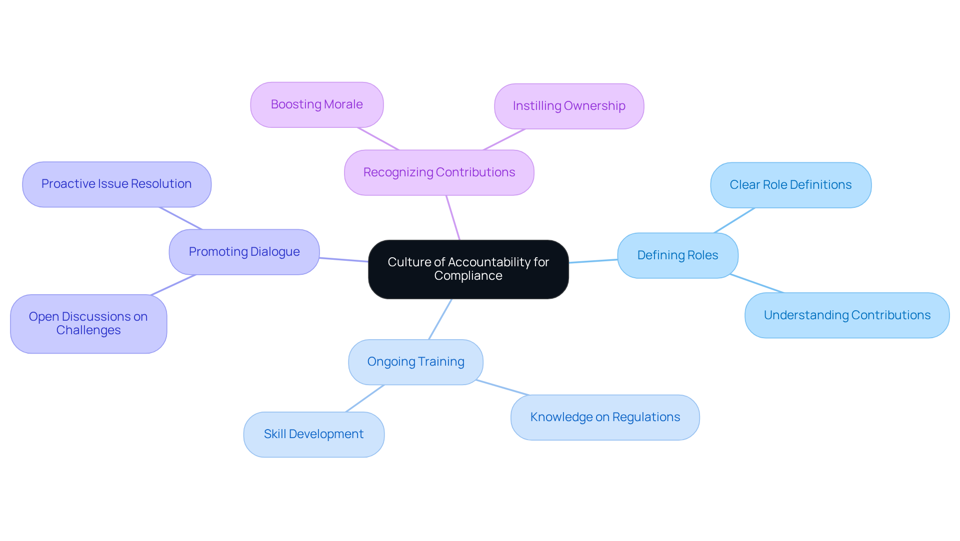 The central node represents the main goal of fostering accountability. Each branch shows a key strategy, and the sub-branches detail actions or benefits that support that strategy. This layout helps visualize how all these elements work together to improve compliance. The central node represents the main goal of fostering accountability. Each branch shows a key strategy, and the sub-branches detail actions or benefits that support that strategy. This layout helps visualize how all these elements work together to improve compliance.