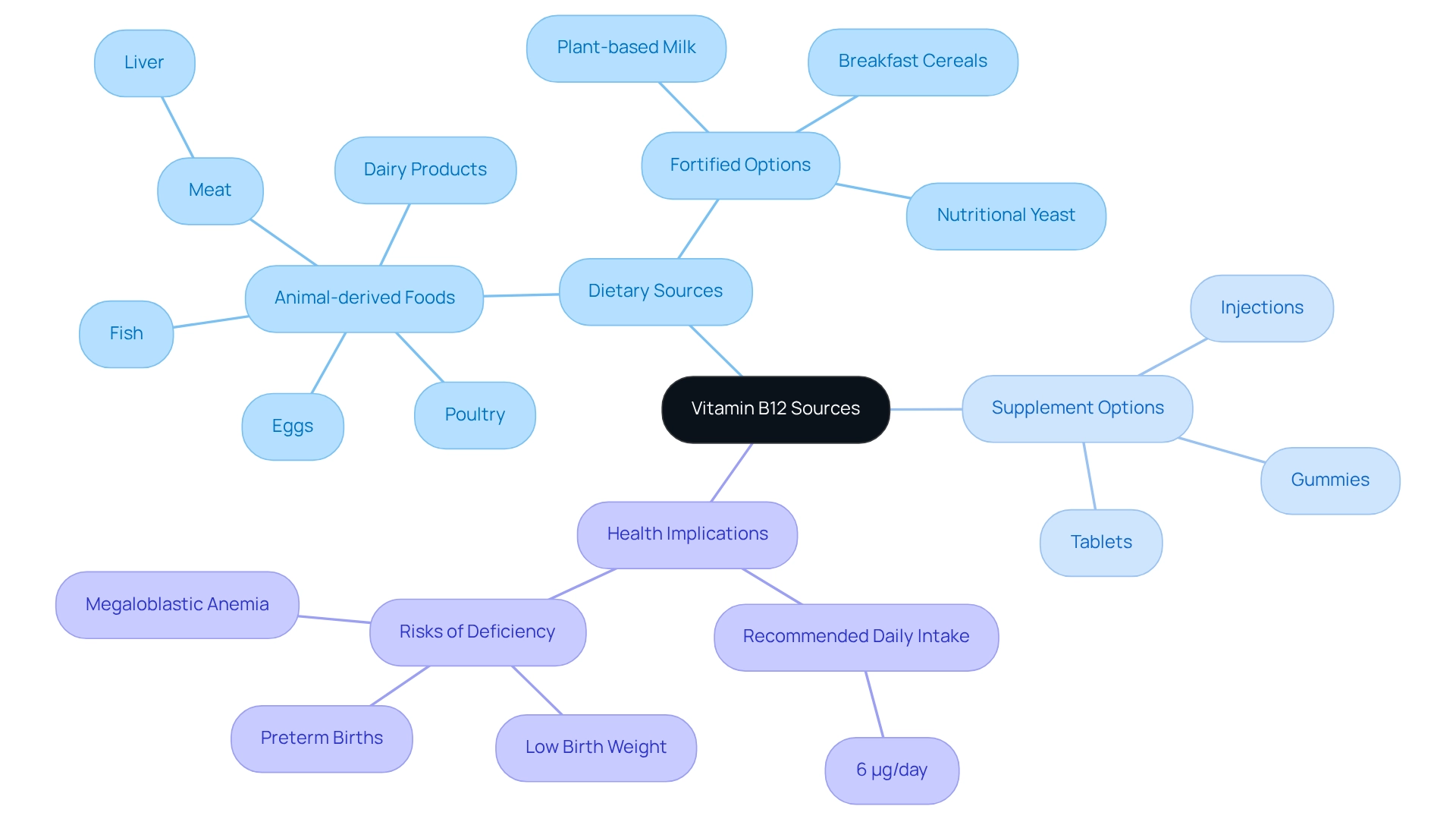 The center shows Vitamin B12 sources, with branches illustrating food types and supplements. Each branch highlights specific options, making it easy to see how dietary choices impact B12 intake.