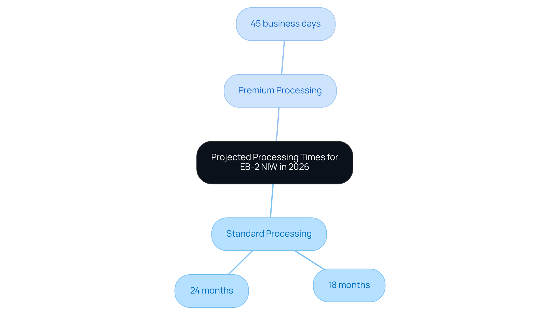 The central node shows the overall topic, while the branches detail the different processing options and their expected durations. This helps you quickly grasp the differences between standard and premium processing times.