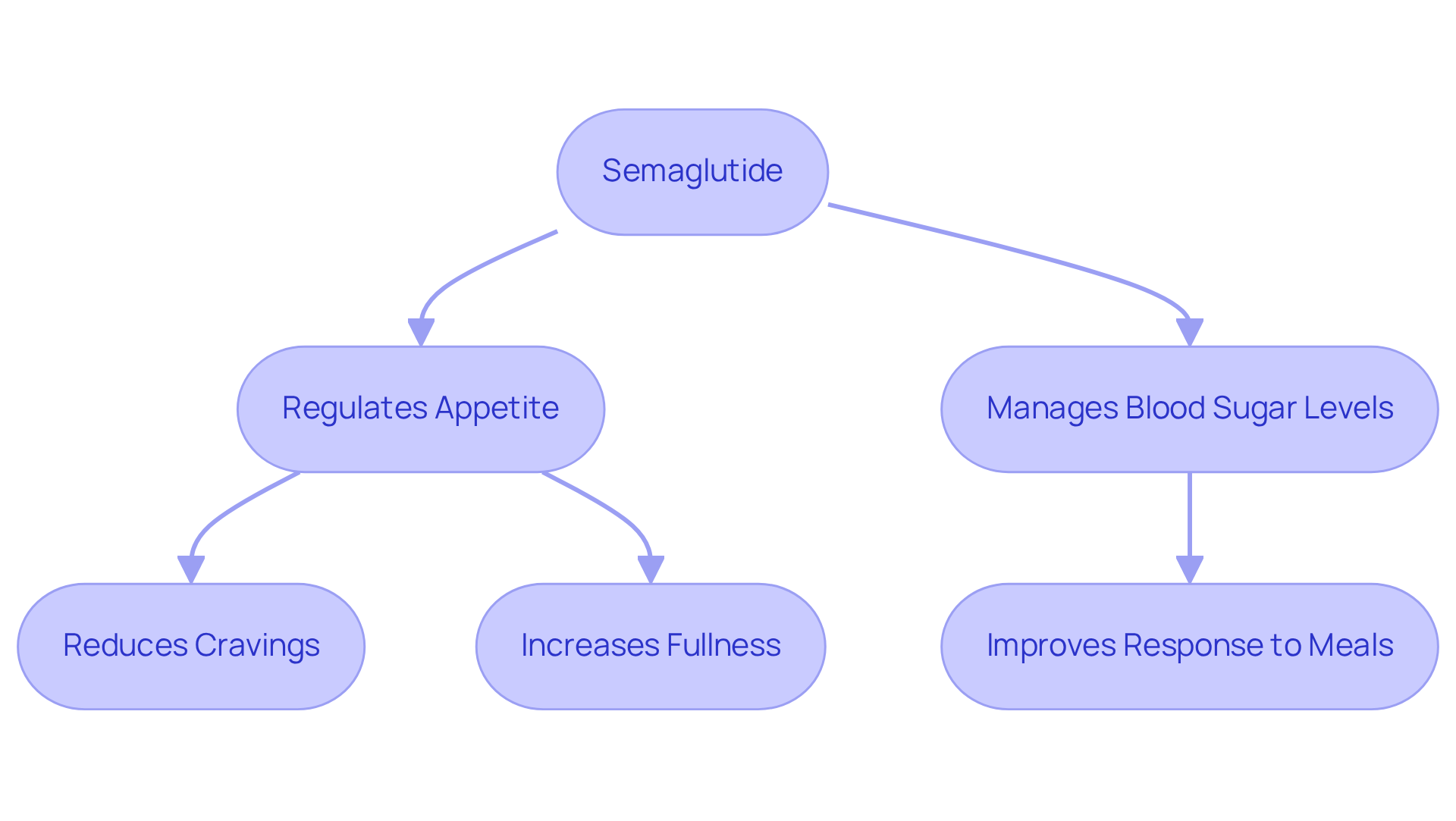 This flowchart shows how Semaglutide works in the body. It starts with the treatment itself and branches out to show how it helps regulate appetite and manage blood sugar, leading to better health outcomes.