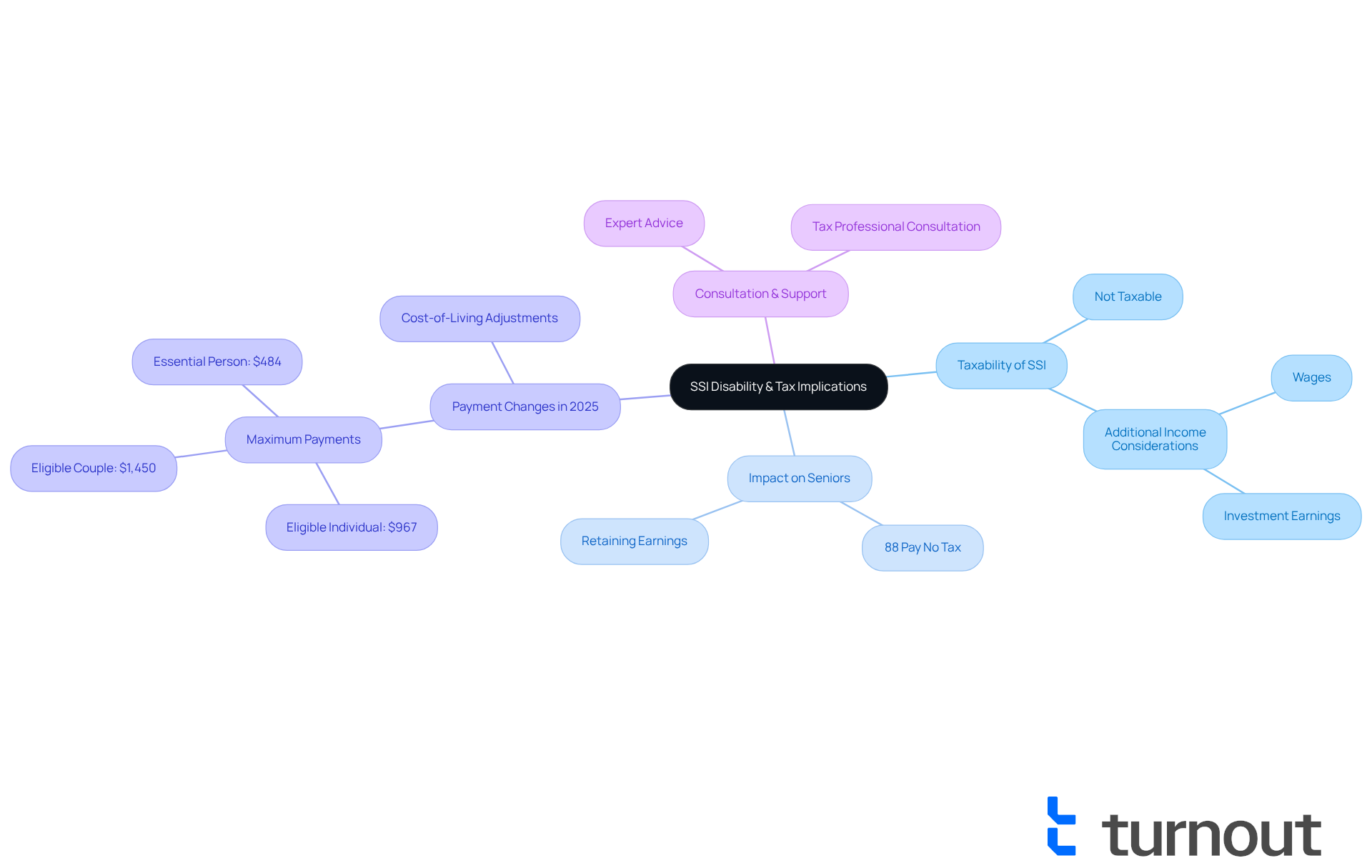 The center represents the main topic of SSI disability and its tax implications. Each branch explores a different aspect: taxability, the impact on seniors, future payment changes, and available support. Follow the branches to see how each area connects to the central idea.