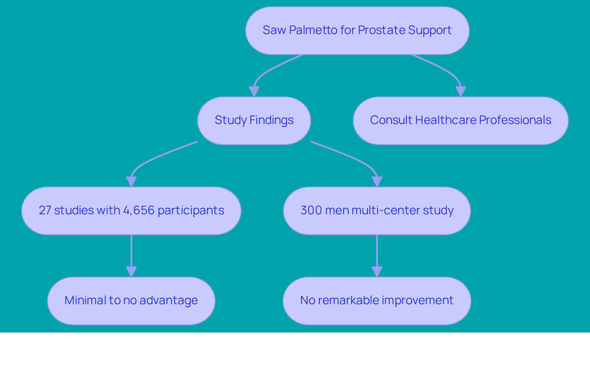 This flowchart outlines the evaluation of saw palmetto's effectiveness. Follow the arrows to see the studies conducted and their findings, leading to the important recommendation to consult with healthcare professionals.