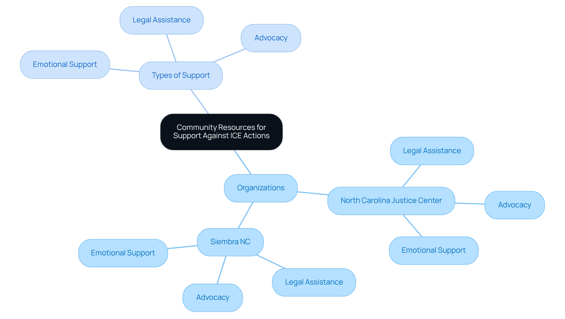 This mindmap shows how different organizations can help you navigate challenges with ICE. Each branch represents an organization or type of support, making it easy to see where to turn for help.