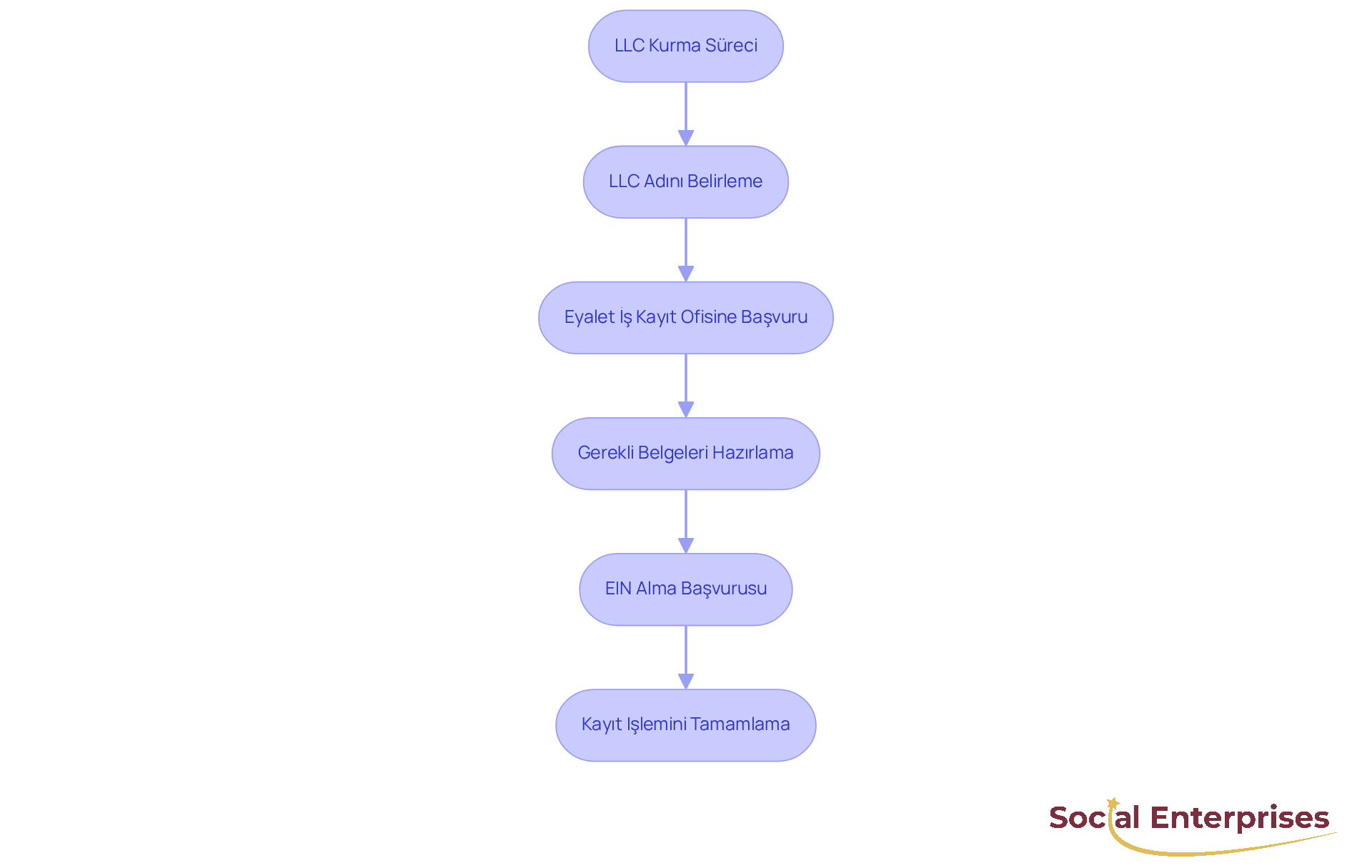 Her kutu bir adımı temsil ediyor. Oklar, adımlar arasındaki geçişi gösteriyor. Süreç, adım adım ilerleyerek LLC'nizin kaydını tamamlamanızı sağlıyor.