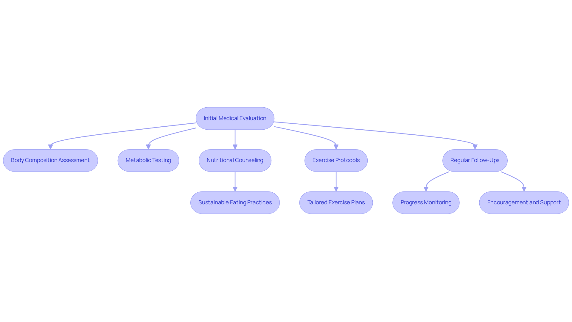 This flowchart illustrates the steps involved in the physician-supervised weight loss program. Start with the initial evaluation, then follow the arrows to see how each component supports your journey towards a healthier lifestyle.