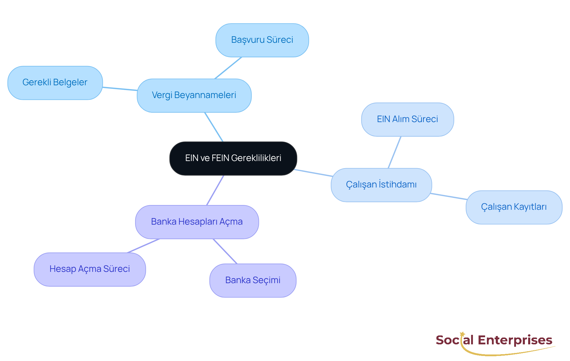 Merkezde EIN ve FEIN ile ilgili ana konuyu bulacaksınız. Dalları takip ederek her bir kullanım durumunu ve ilgili süreçleri keşfedebilirsiniz. Renkler, her konunun farklı bir yönünü temsil eder. Merkezde EIN ve FEIN ile ilgili ana konuyu bulacaksınız. Dalları takip ederek her bir kullanım durumunu ve ilgili süreçleri keşfedebilirsiniz. Renkler, her konunun farklı bir yönünü temsil eder.