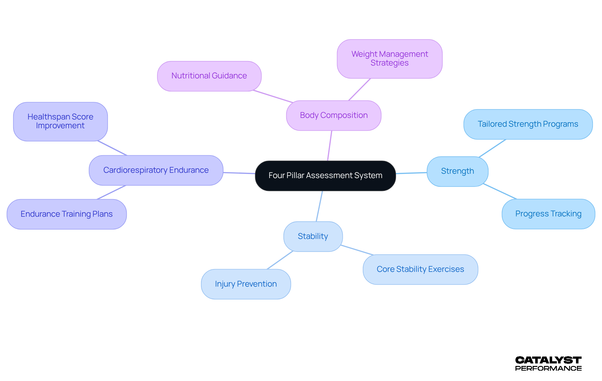 Start at the center with the Four Pillar Assessment System, then explore each branch to understand how strength, stability, cardiorespiratory endurance, and body composition play a role in your fitness journey. Start at the center with the Four Pillar Assessment System, then explore each branch to understand how strength, stability, cardiorespiratory endurance, and body composition play a role in your fitness journey.