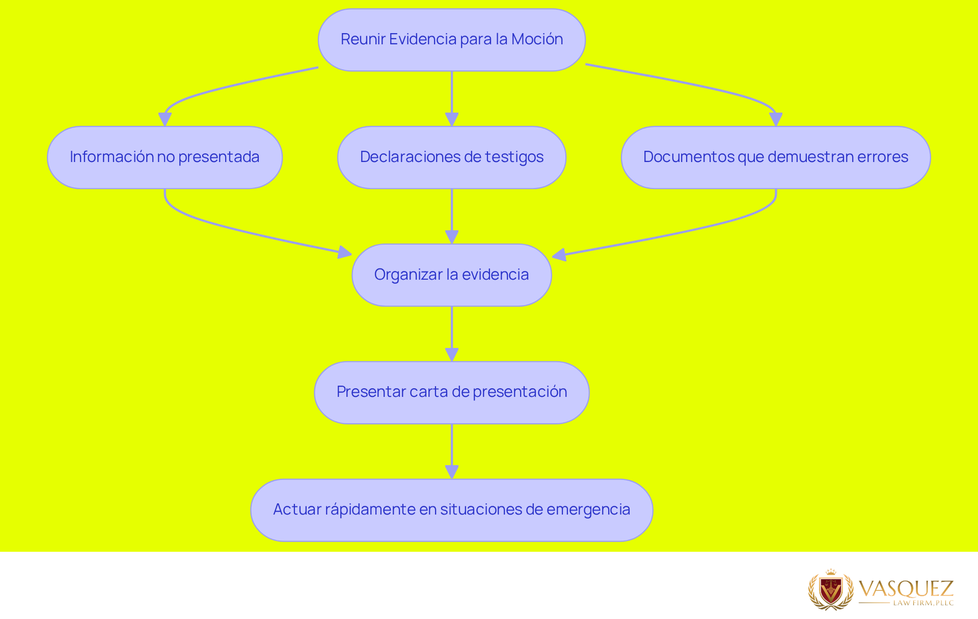 Cada cuadro representa un paso en el proceso de reunir evidencia. Sigue las flechas para entender cómo avanzar desde la recolección de información hasta la presentación de la moción. Cada cuadro representa un paso en el proceso de reunir evidencia. Sigue las flechas para entender cómo avanzar desde la recolección de información hasta la presentación de la moción.