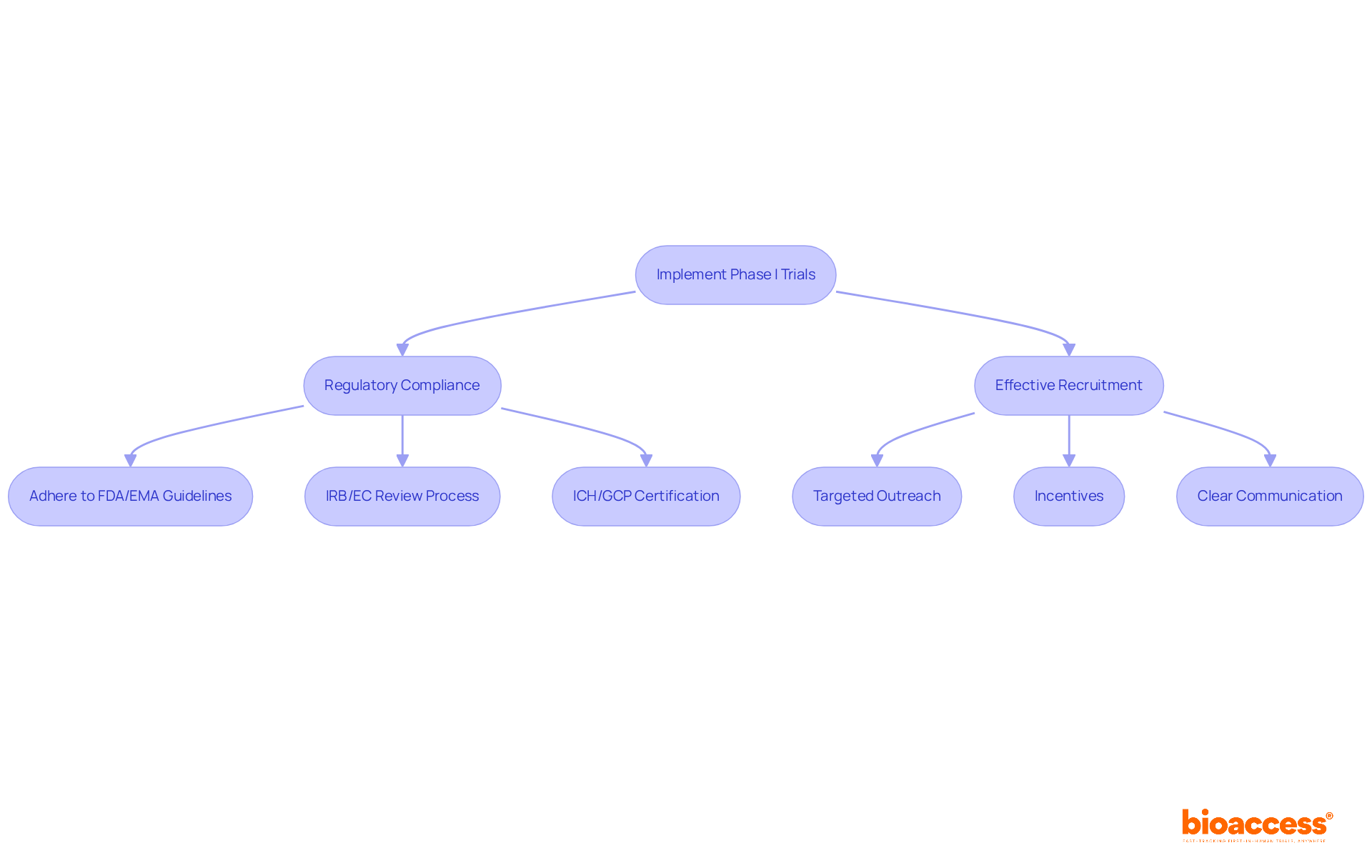 Follow the arrows to see how each aspect of the trial implementation is connected — from regulatory compliance to recruitment strategies.