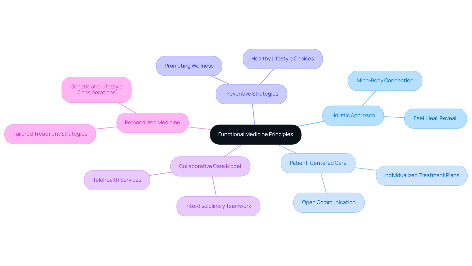 The central node represents the core concept of functional medicine. Each branch highlights a key principle, and the sub-branches provide more details about each principle. This layout helps you see how everything connects and supports a holistic view of health.
