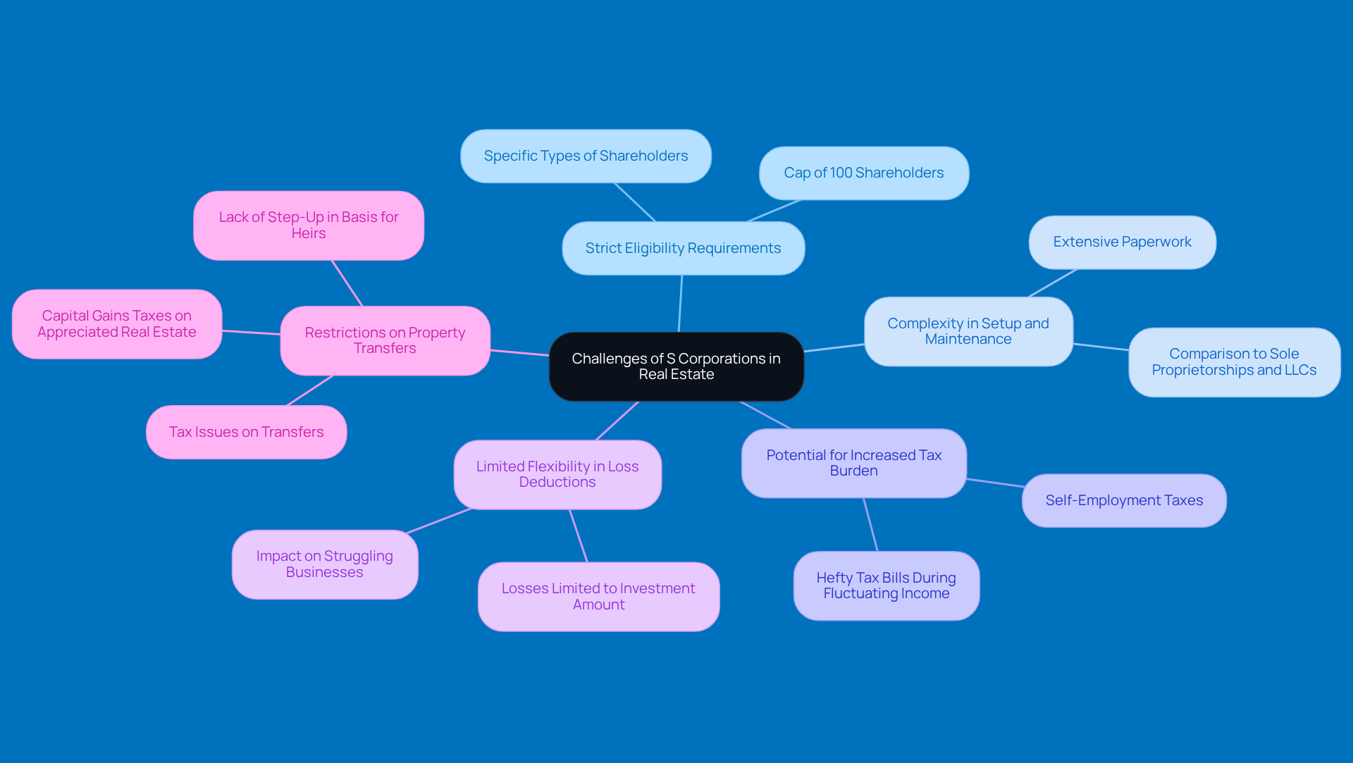 The central node represents the main topic, while each branch highlights a specific challenge. Follow the branches to explore the complexities and limitations that come with S Corporations in the real estate sector. The central node represents the main topic, while each branch highlights a specific challenge. Follow the branches to explore the complexities and limitations that come with S Corporations in the real estate sector.