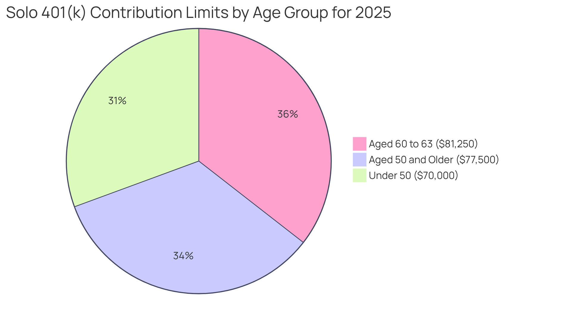 Each slice of the pie shows how much individuals can contribute to their Solo 401(k) based on their age. A larger slice means a higher contribution limit, helping you save more for retirement.
