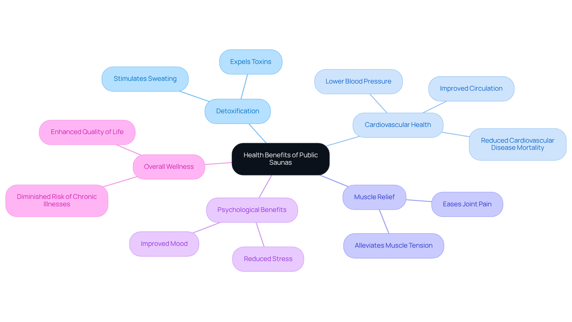 The center node represents the overall topic, while the surrounding branches show the different health benefits. Each branch can be explored for more detailed information about how public saunas contribute to overall well-being.
