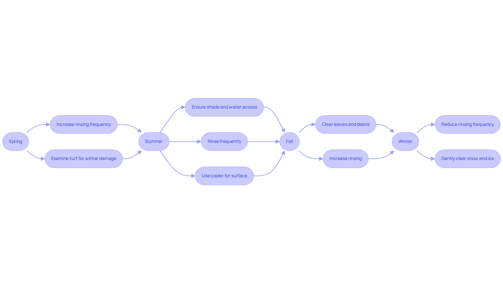 Each box represents a season and the actions to take for turf maintenance. Follow the arrows to see how to care for your turf throughout the year!