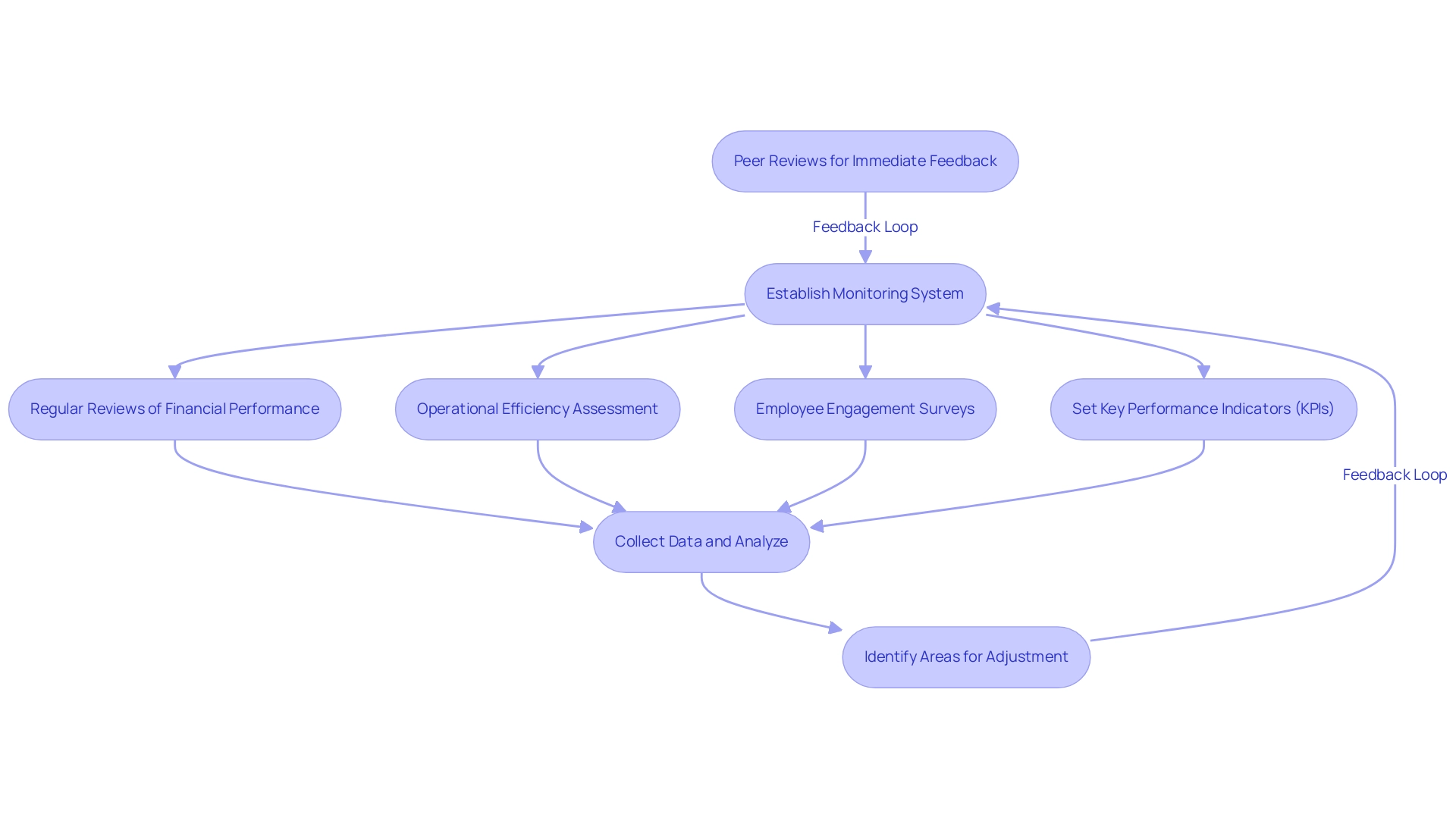 Each box represents a step in the monitoring process, with arrows indicating the flow of actions. The feedback loop illustrates the importance of peer reviews in the overall system.