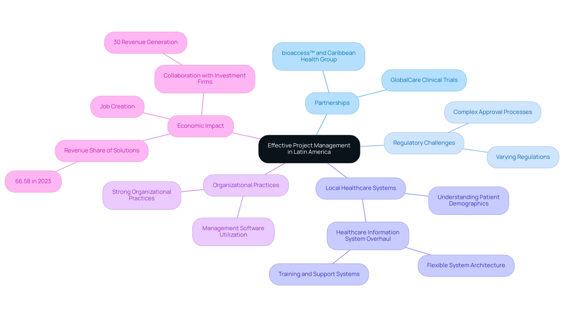 Each branch represents a key theme related to project management, with sub-nodes providing details about specific partnerships, challenges, and impacts.