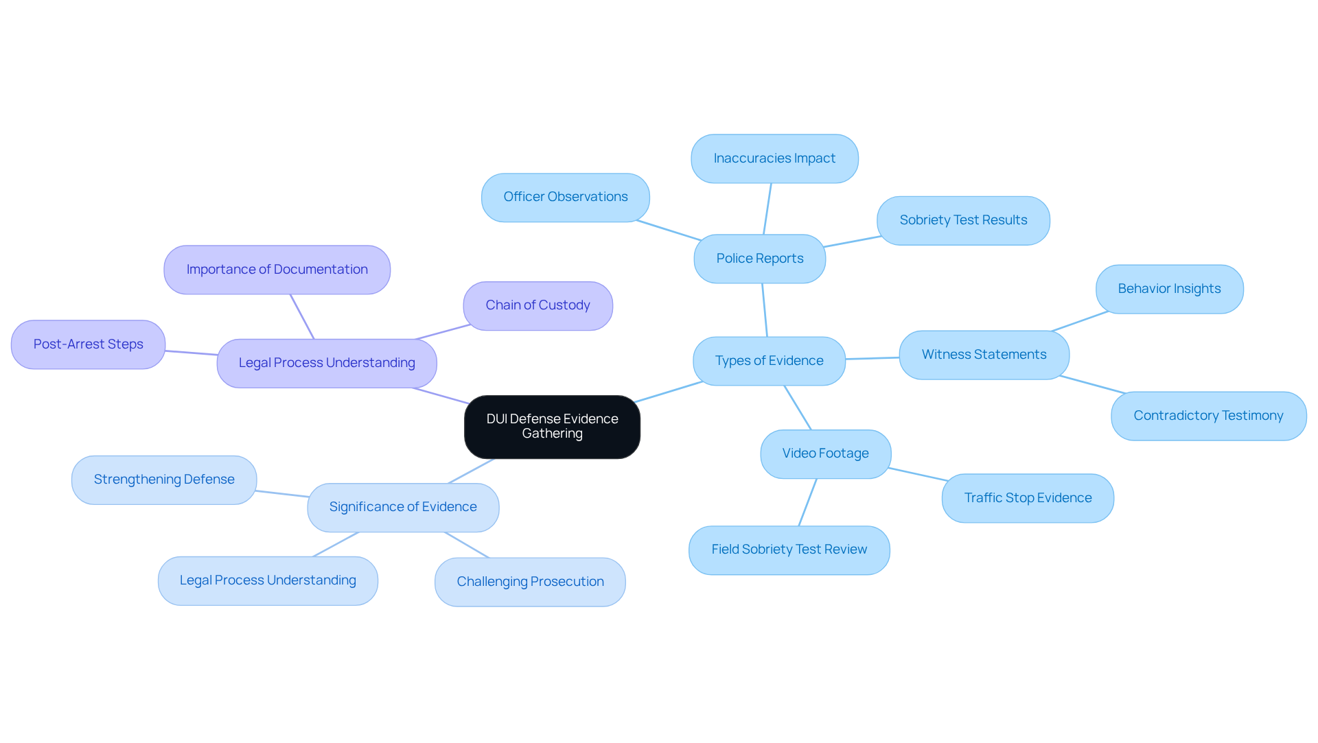 Start at the center with the main topic of DUI defense. Follow the branches to explore different types of evidence and their importance in building a strong defense. Each branch helps you understand how these elements work together to support your case.