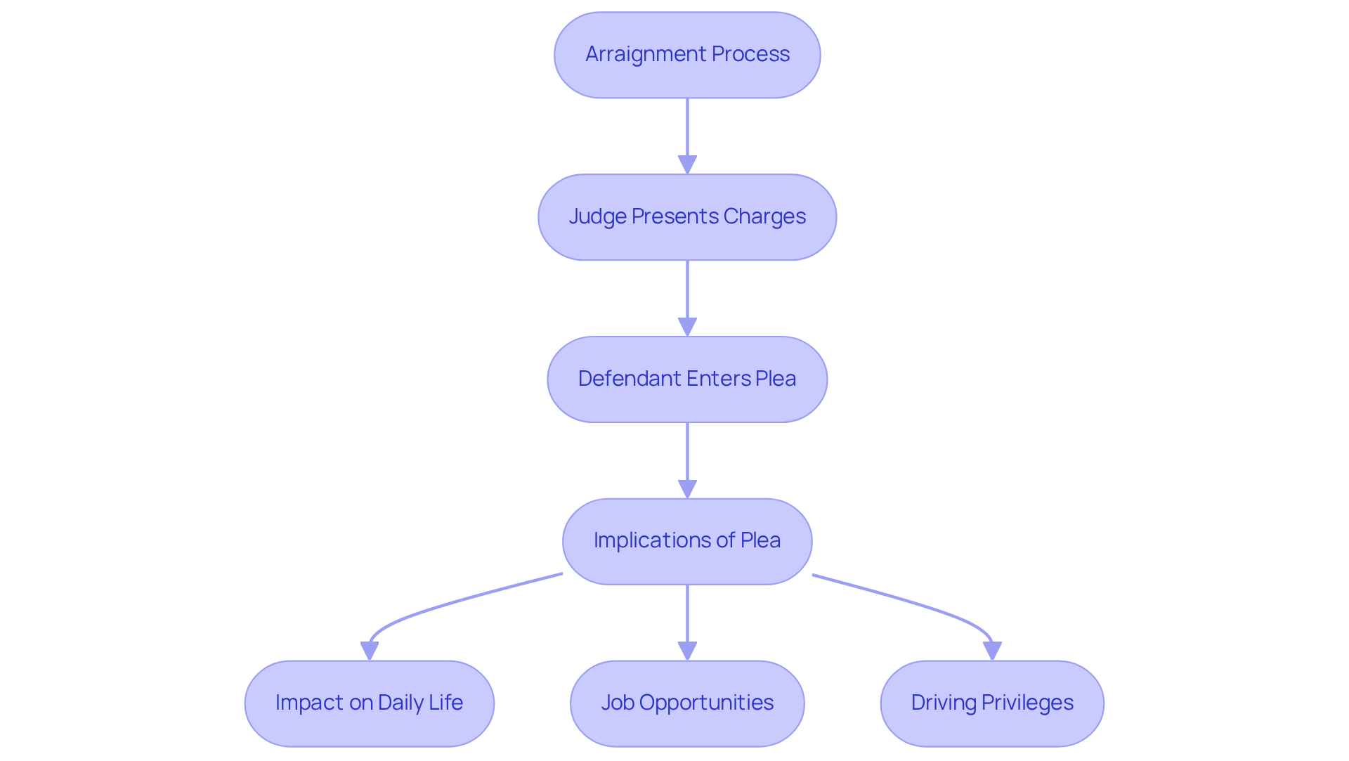 This flowchart outlines the steps involved in an arraignment. Start at the top with the arraignment process, then follow the arrows to see how the judge presents charges, how the defendant pleads, and what the implications of those pleas are for their life. This flowchart outlines the steps involved in an arraignment. Start at the top with the arraignment process, then follow the arrows to see how the judge presents charges, how the defendant pleads, and what the implications of those pleas are for their life.