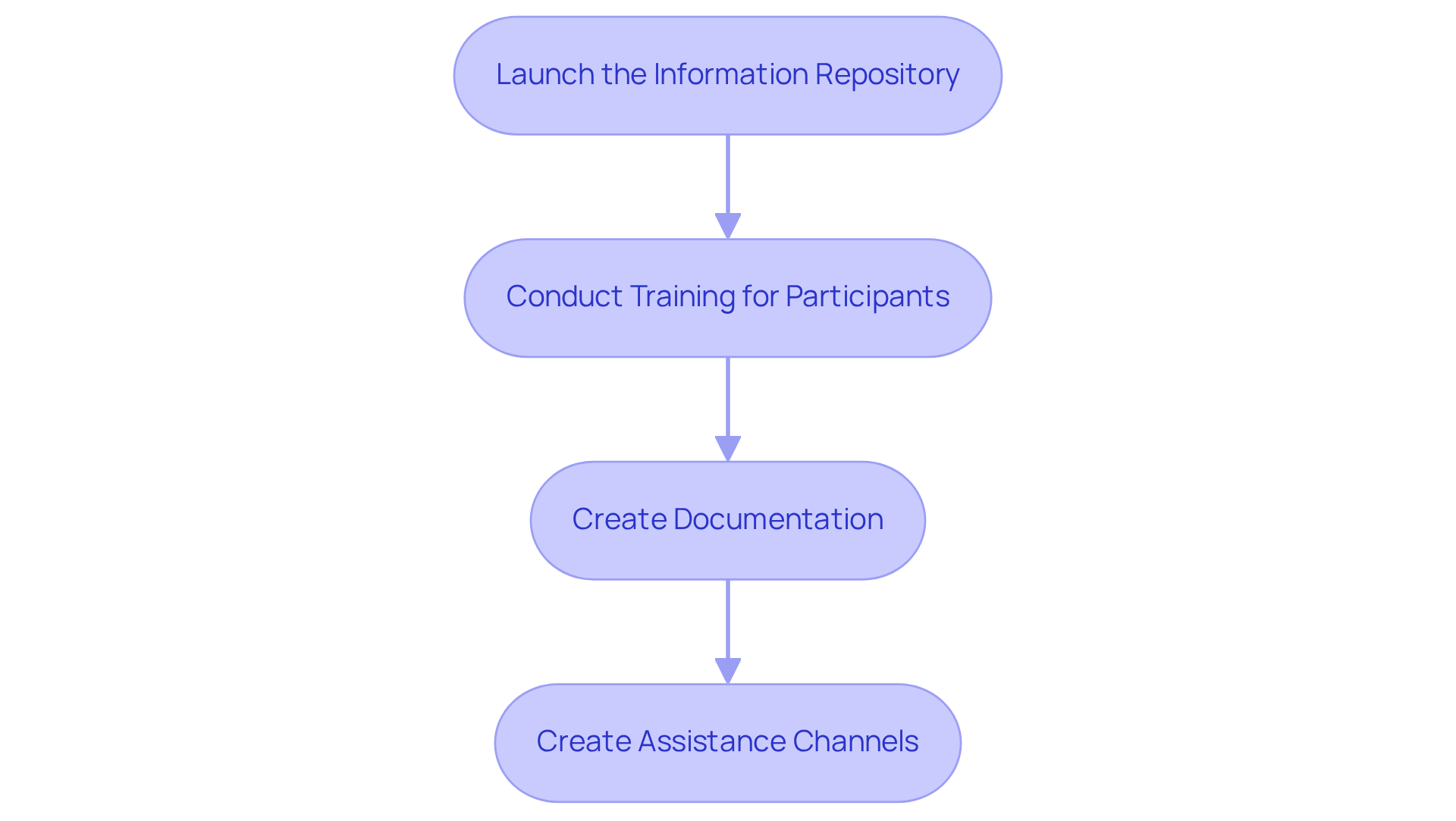 Each box represents a step in the process of deploying and training users on the information repository. Follow the arrows to see how each step leads to the next, ensuring a smooth transition from launching to providing ongoing support.