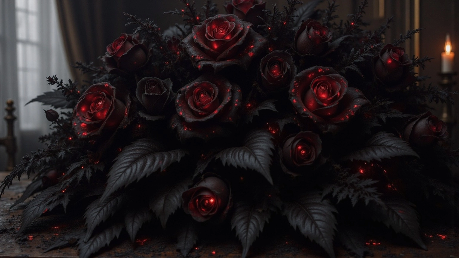 Gothic Floral Arrangement with Red Roses and Black Accents