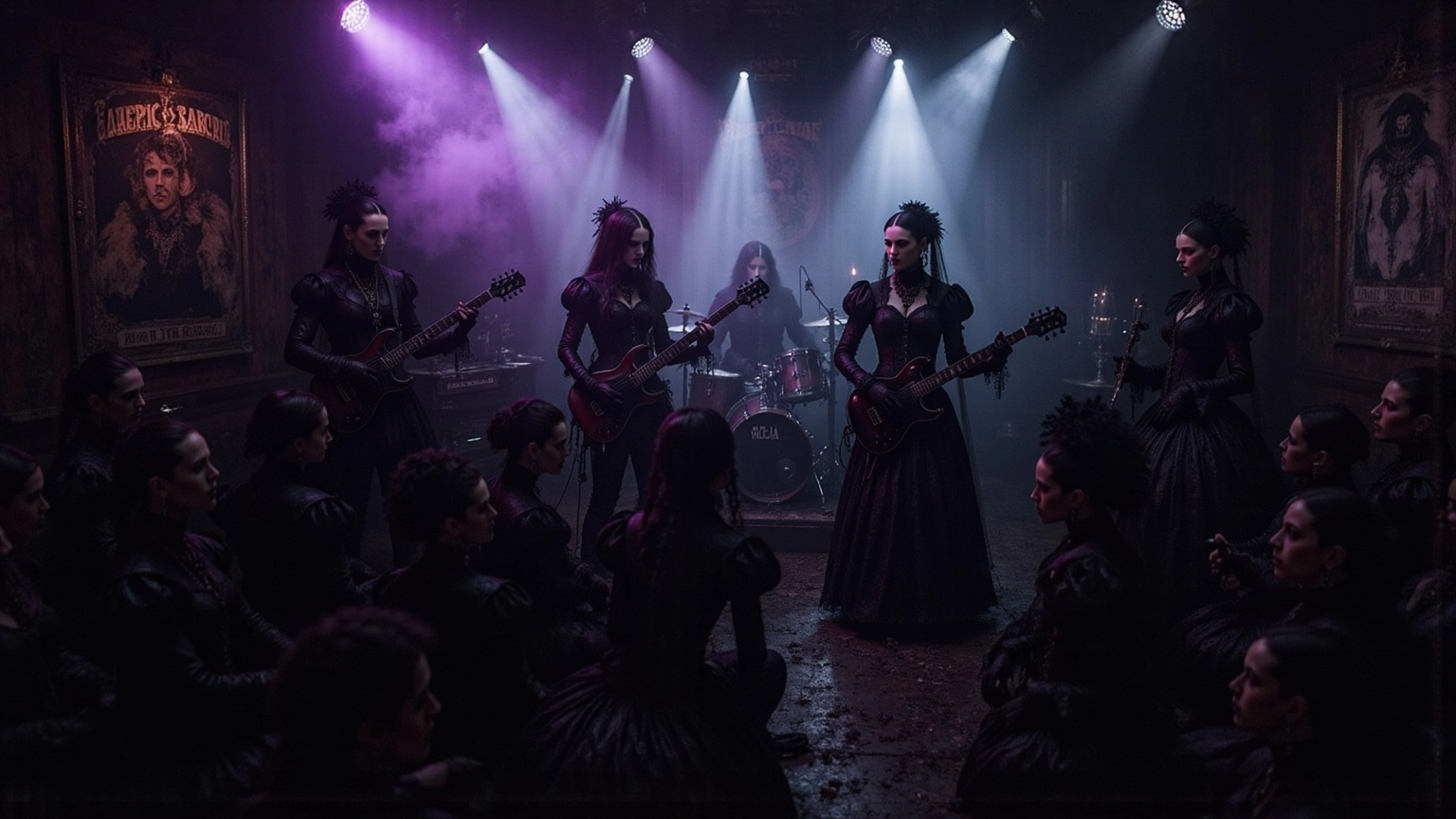 Gothic Rock Performance in a Dimly Lit Venue