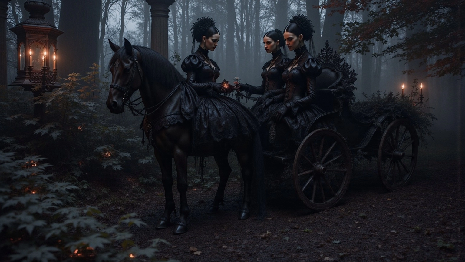 Gothic Wedding Entrance by Horse-Drawn Carriage