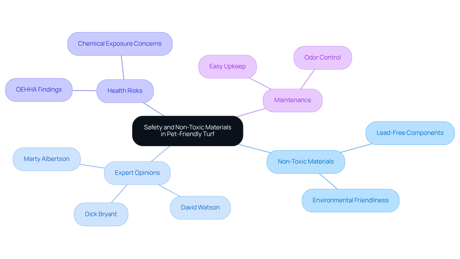 The center represents the main topic of safety in pet-friendly turf. Each branch shows different aspects that support this theme, like materials used, expert insights, and maintenance tips. Follow the branches to explore how each point contributes to the overall safety and enjoyment of pet turf.