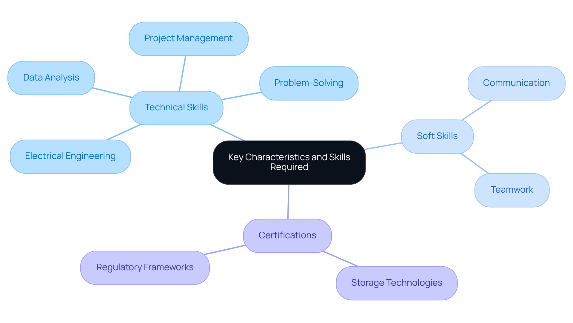 The central node represents the main focus on skills required in the renewable resources sector. Each branch highlights specific skills or qualifications, showing how they contribute to a candidate's employability. The central node represents the main focus on skills required in the renewable resources sector. Each branch highlights specific skills or qualifications, showing how they contribute to a candidate's employability.