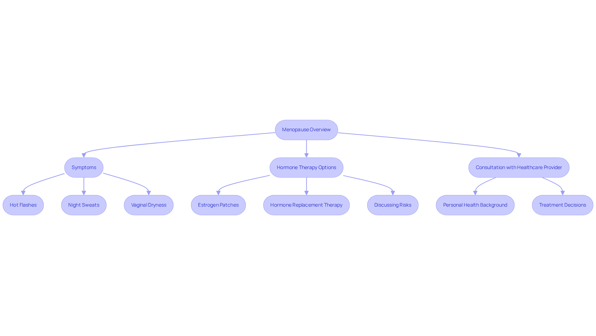 This flowchart guides you through understanding menopause and the options for hormone therapy. Start at the top with an overview, then follow the arrows to see symptoms, treatment options, and the importance of consulting with your healthcare provider.