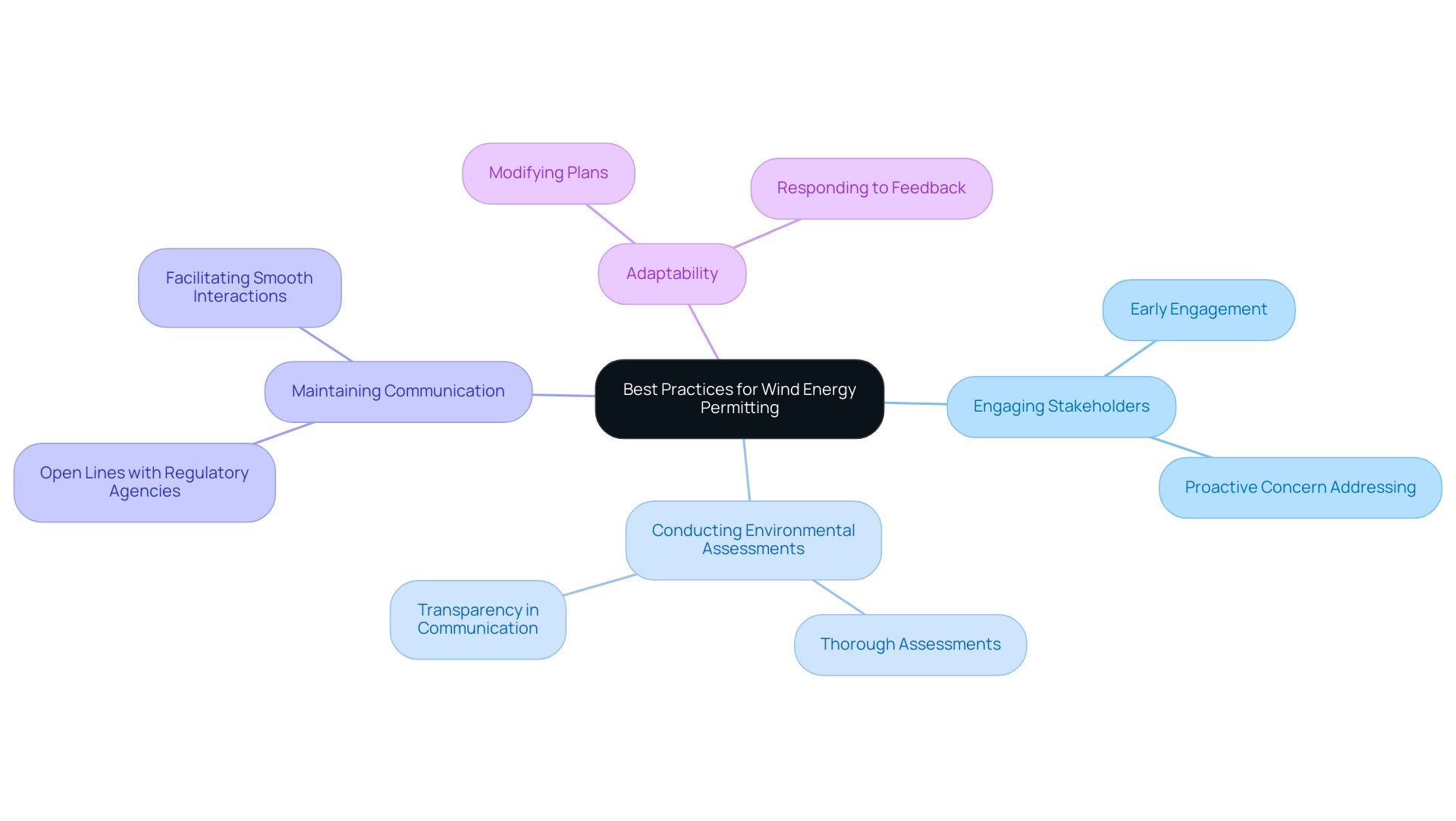 The central node represents overall best practices, with branches detailing specific practices and actions that enhance the permitting process.