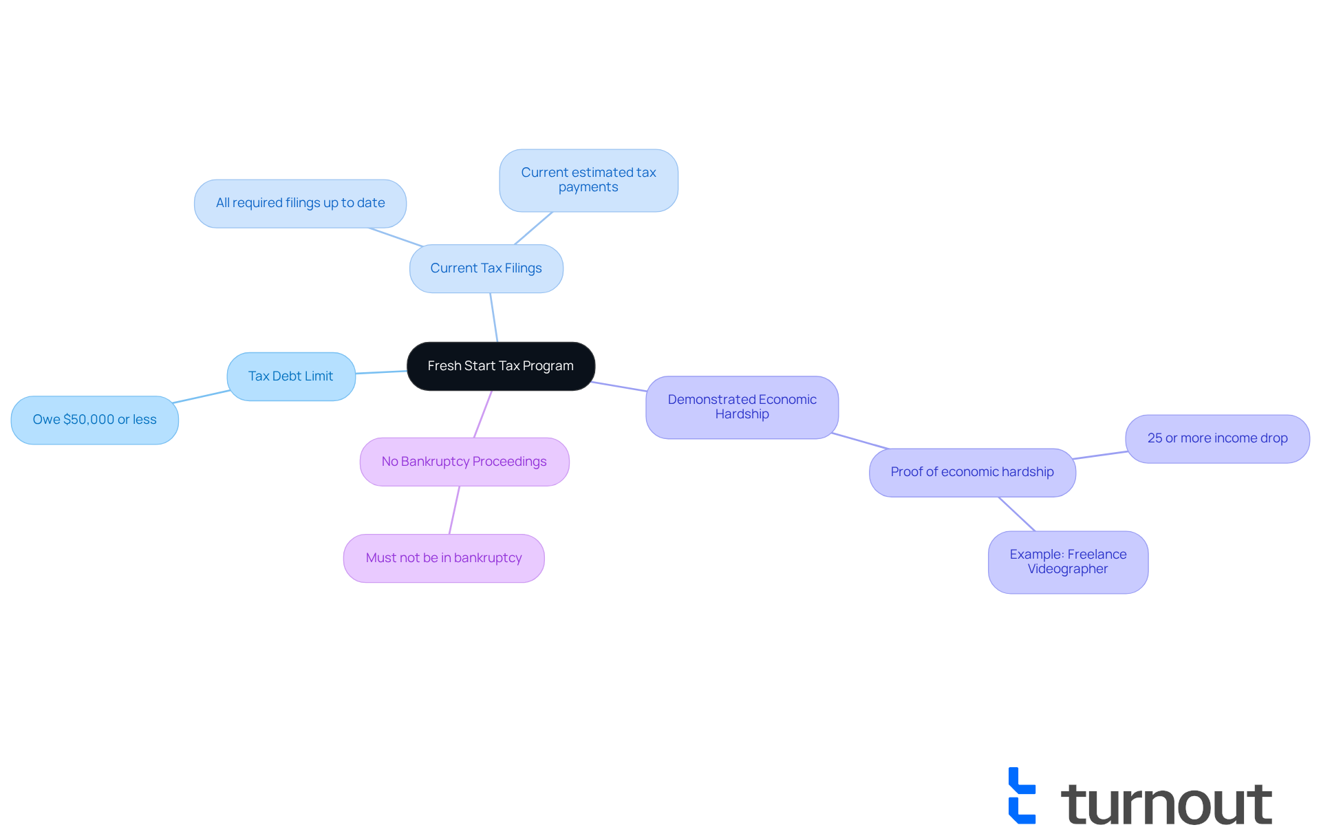 The central node represents the program, while the branches show the specific requirements you need to meet. Each branch helps you understand what is necessary to qualify for relief.