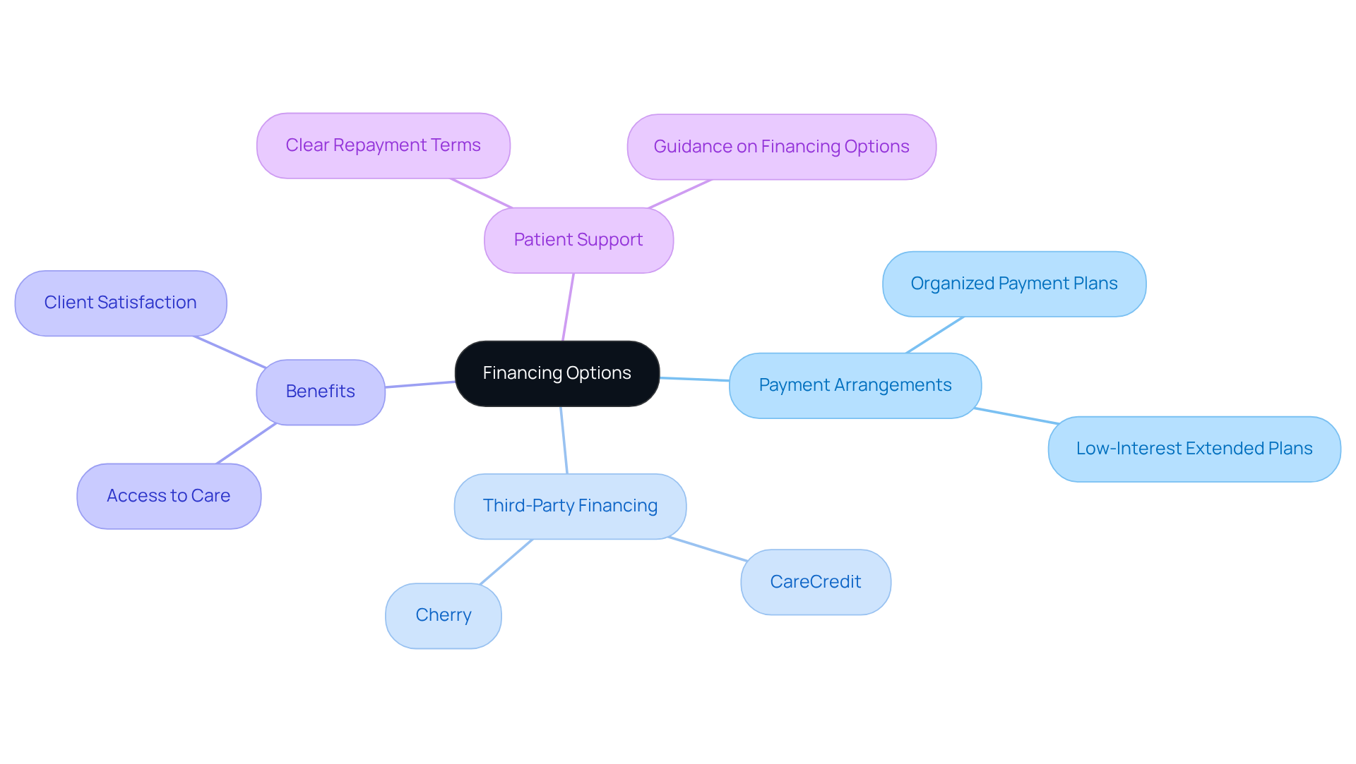 Explore different financing options starting from the central idea. Each branch represents a way to manage costs, with further details in sub-nodes showing specific arrangements and benefits.