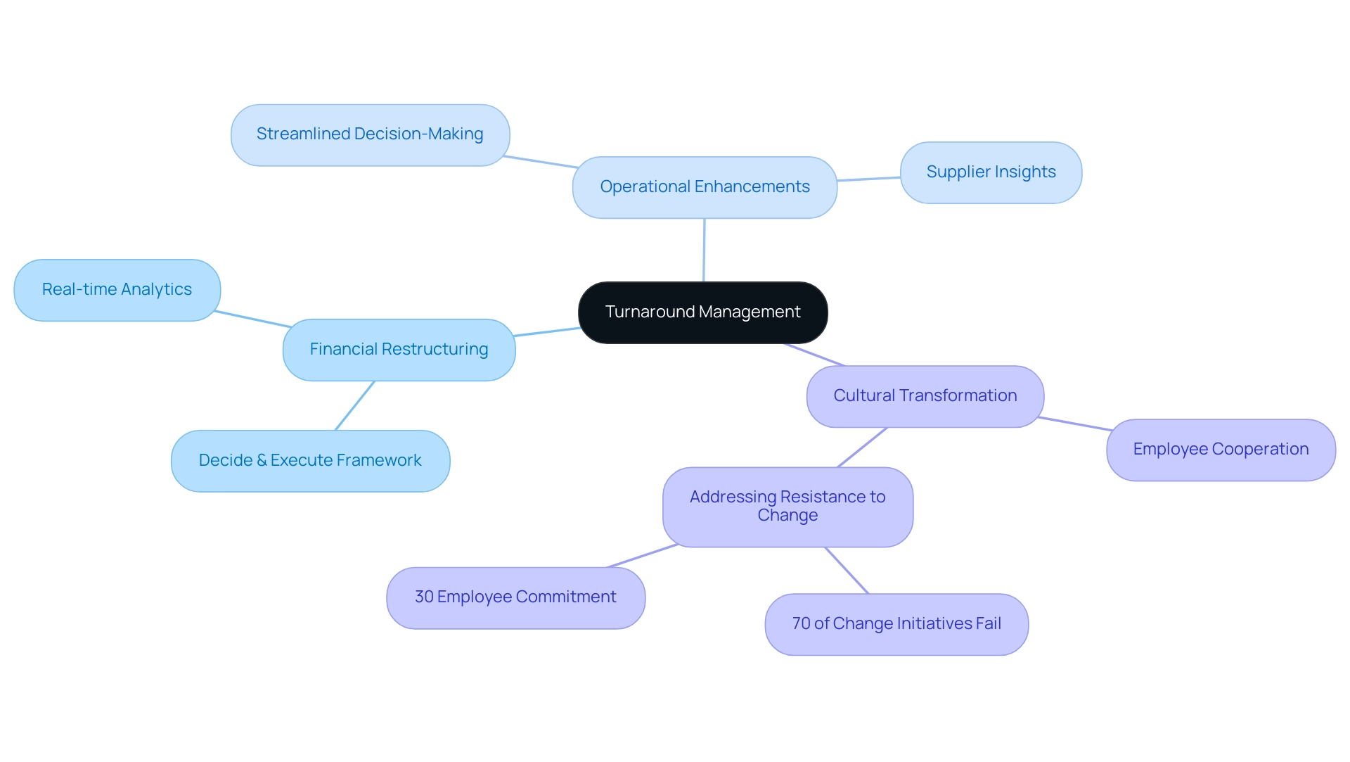 The central node represents the concept of turnaround management, with branches indicating the main components and sub-branches showing detailed elements related to each component.