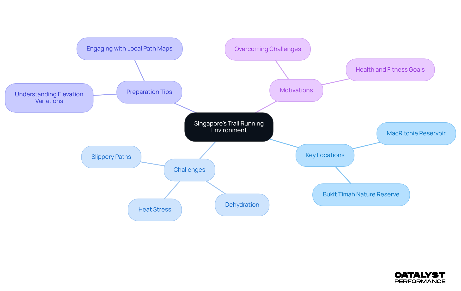 This mindmap shows the main aspects of trail running in Singapore. Each branch represents a different topic related to the trail running experience, helping you understand the environment and prepare effectively. This mindmap shows the main aspects of trail running in Singapore. Each branch represents a different topic related to the trail running experience, helping you understand the environment and prepare effectively.