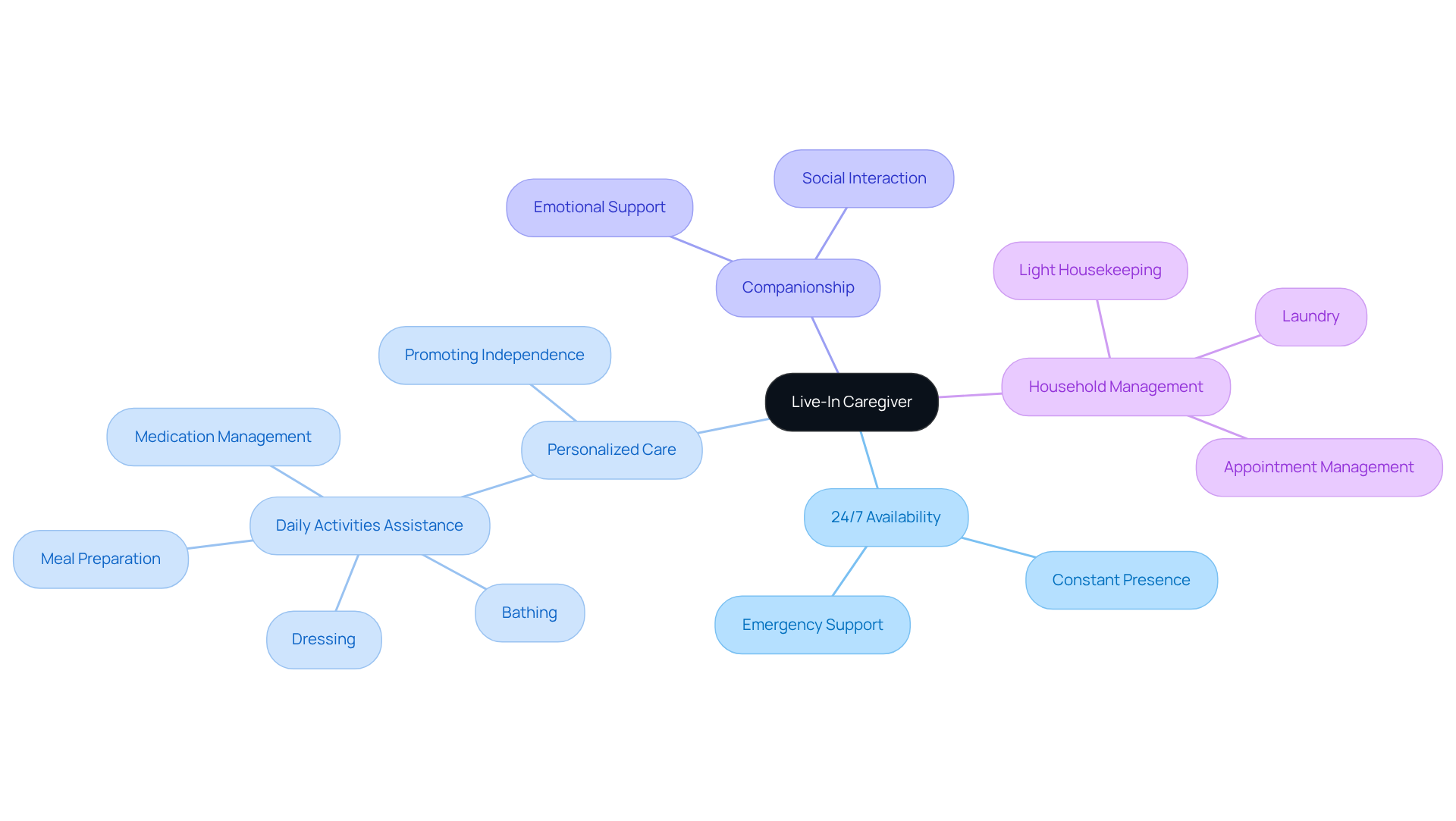 The central node represents the live-in caregiver, and each branch shows a key responsibility. Follow the branches to explore how each aspect contributes to the caregiver's role in supporting their clients.
