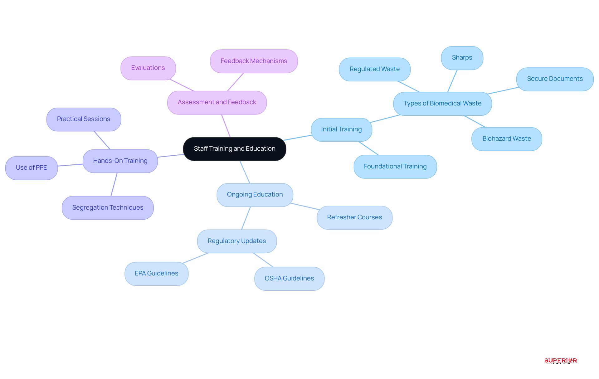 The central node represents the overall training focus, while the branches show the key components of the training program. Each sub-branch provides more detail on what each component entails, helping to visualize the comprehensive approach to staff education.