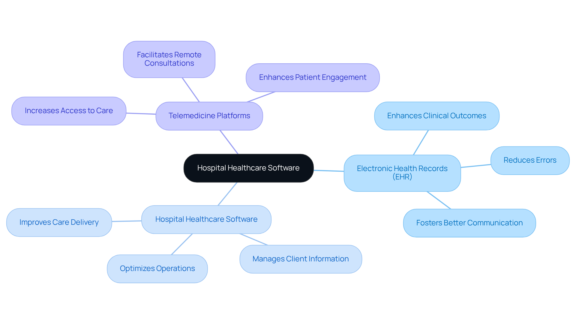 The center shows the main topic, and the branches represent key components of the software. Each branch highlights how these components contribute to better healthcare outcomes.