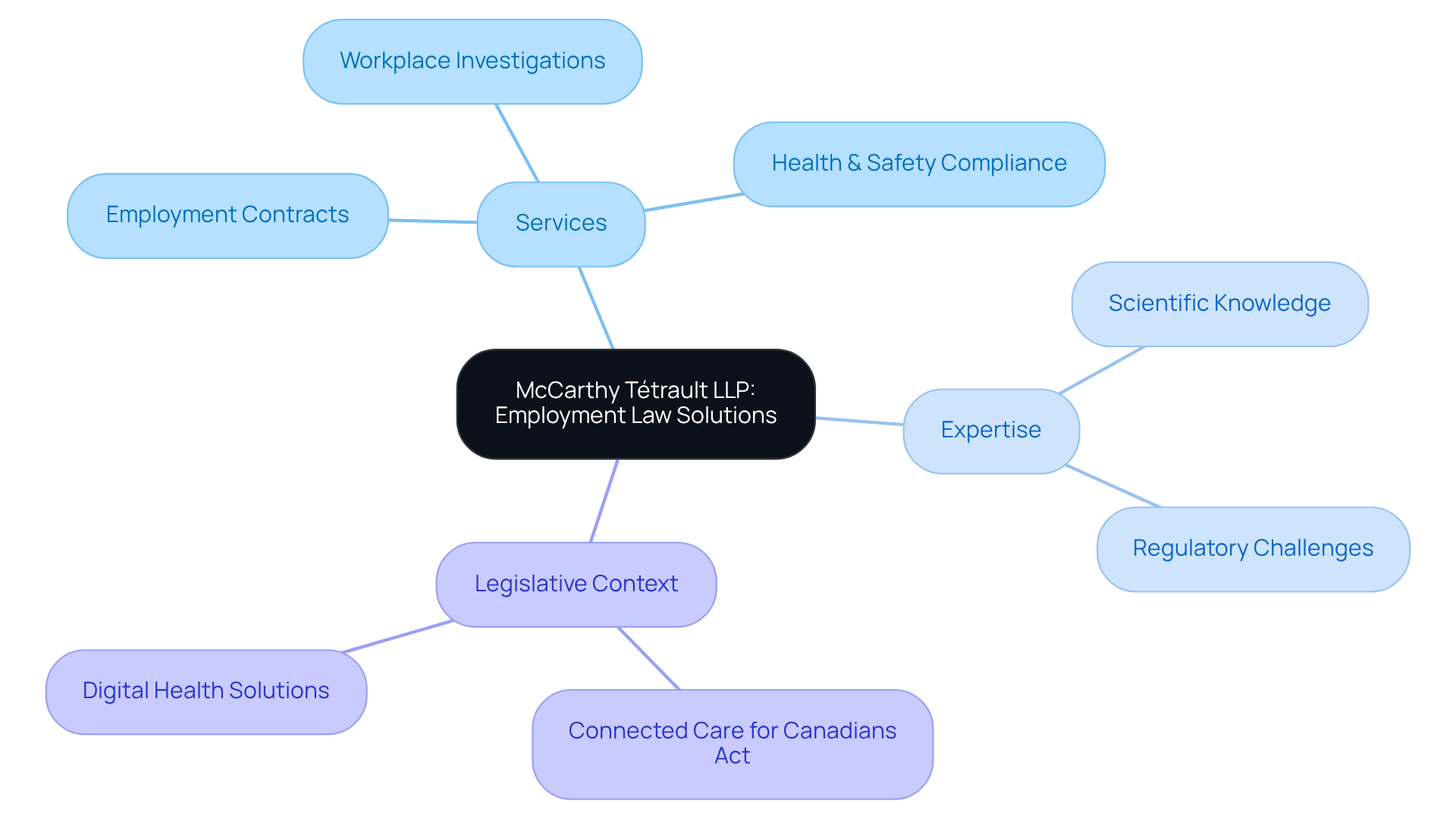 Start at the center with the law firm's focus, then explore the branches to see the specific services they offer, the expertise of their team, and the relevant legislation affecting the medical industry.