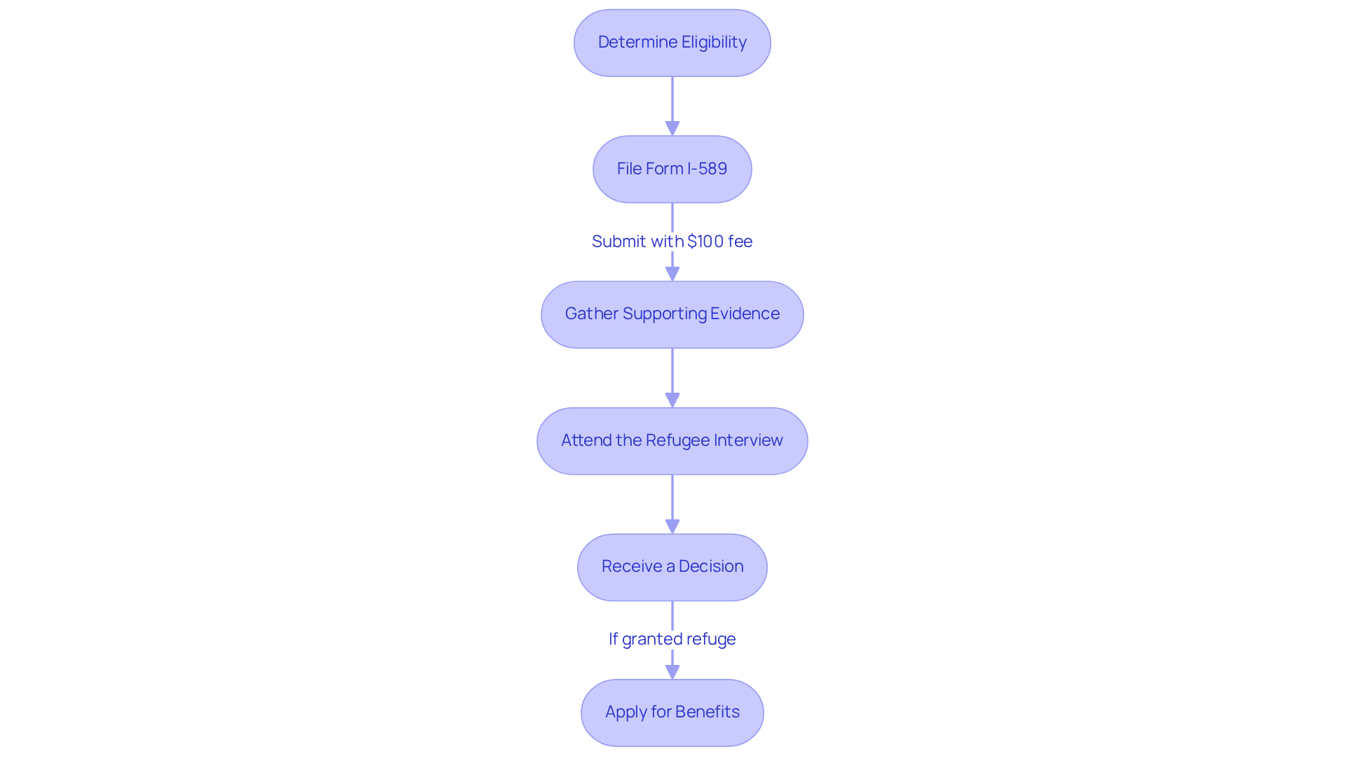 Each box represents a crucial step in applying for asylum. Follow the arrows to see how each step leads to the next, guiding you through the process toward safety and support in the U.S.