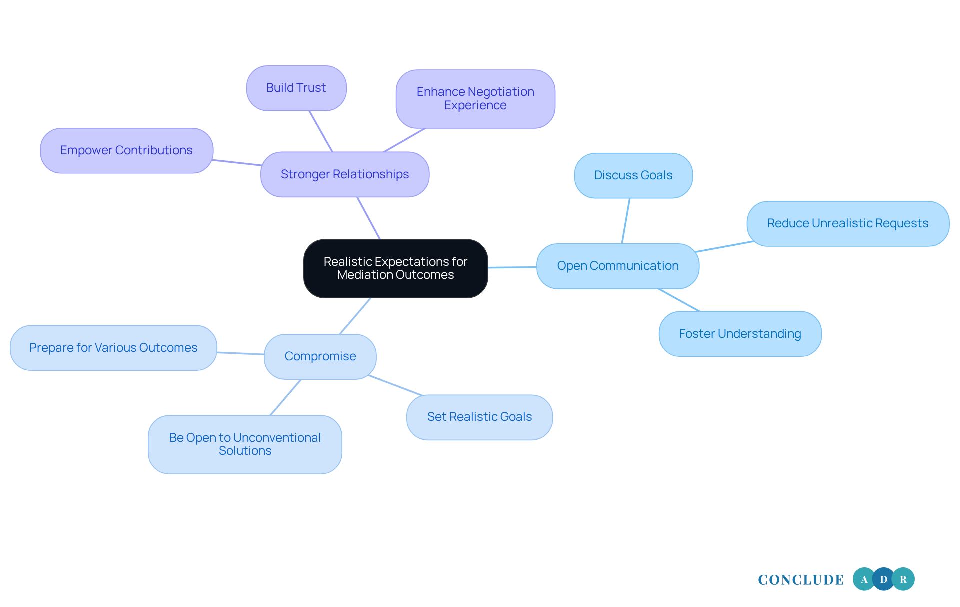 The center represents the main focus of the discussion, while the branches show key themes and ideas that contribute to achieving realistic expectations in mediation.