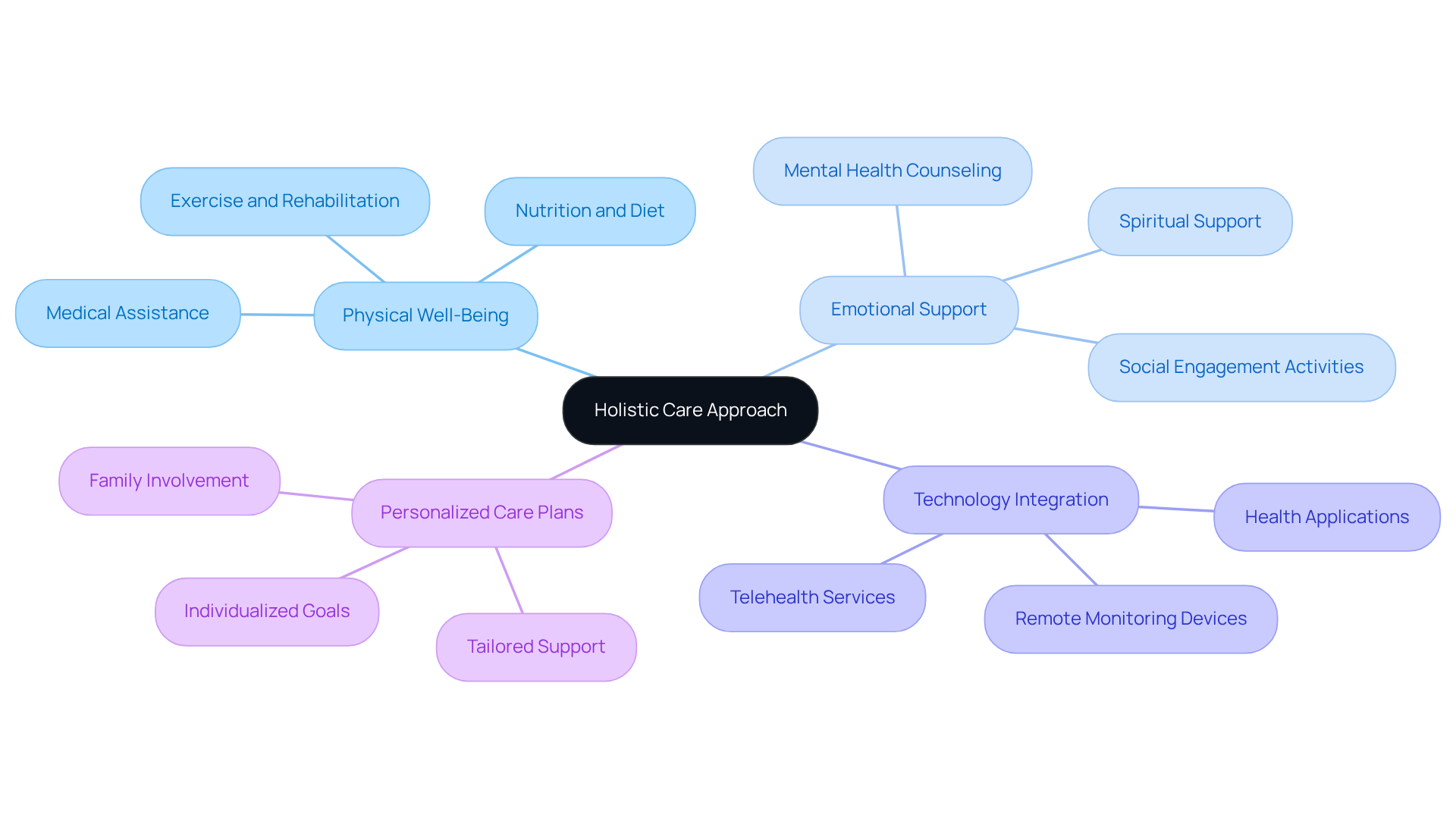 The center represents the holistic care approach, with branches showing how different aspects like physical health and emotional support contribute to overall well-being. Each branch highlights important elements of care, making it easy to see how they work together.