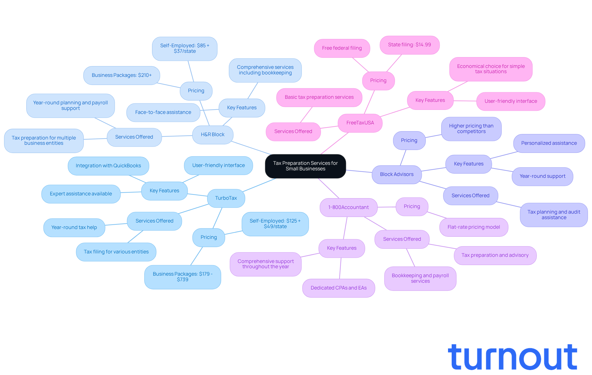The central node represents the overall theme of tax preparation services, while each branch shows a different provider and their specific offerings. The sub-branches provide additional details like pricing and unique features, helping you understand your options at a glance.