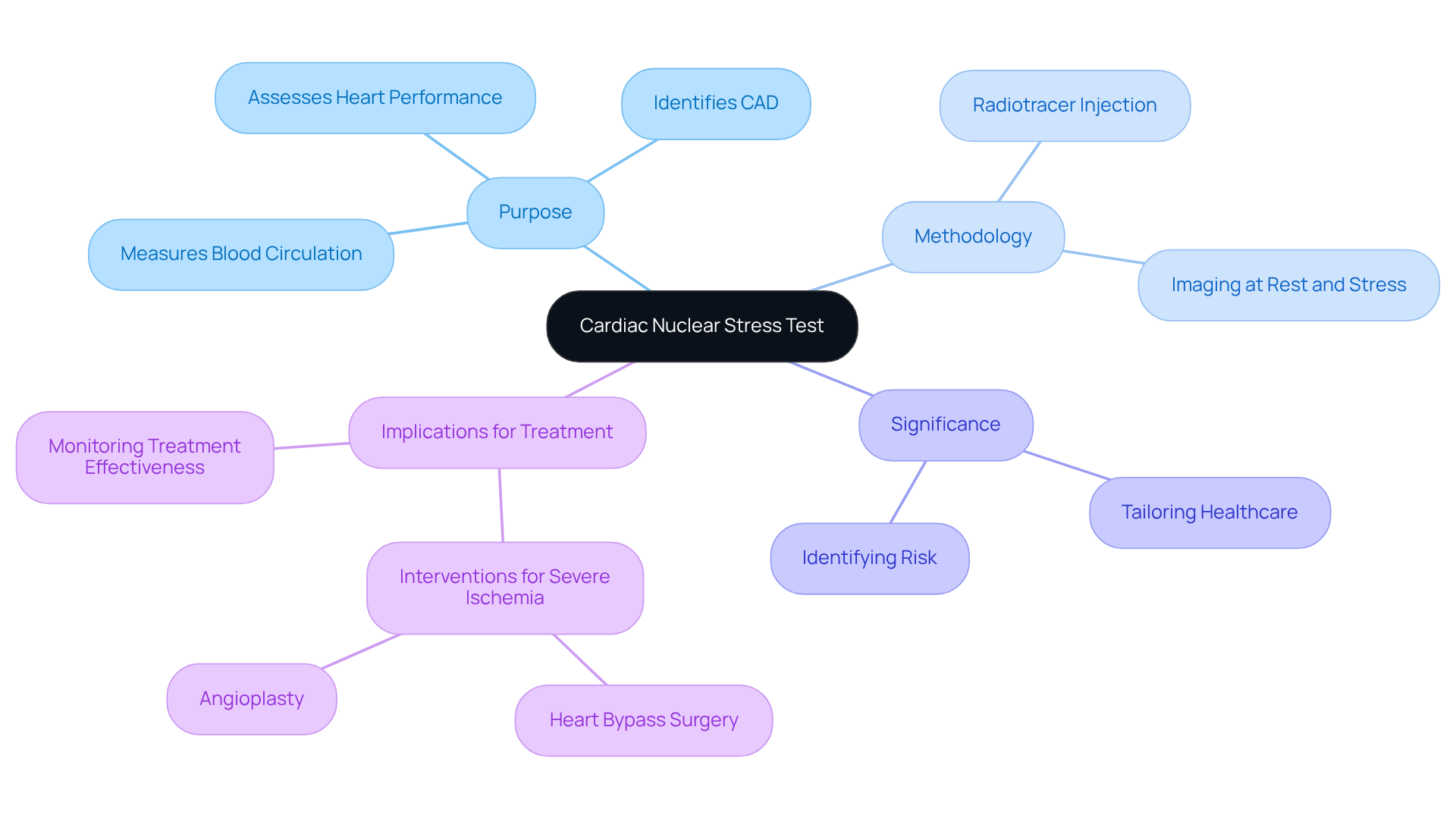 The central node represents the cardiac nuclear stress test, while the branches show its purpose, methodology, significance, and treatment implications. Each color-coded branch helps you navigate through the different aspects of this important diagnostic tool. The central node represents the cardiac nuclear stress test, while the branches show its purpose, methodology, significance, and treatment implications. Each color-coded branch helps you navigate through the different aspects of this important diagnostic tool.