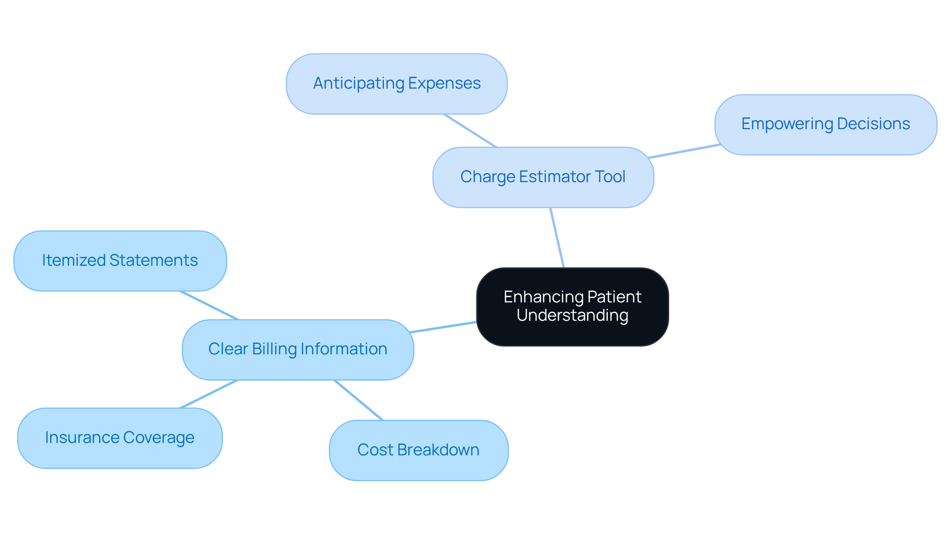 Start from the center to see how Exeter Hospital improves patient understanding through clear billing and tools. Each branch represents a key component that contributes to transparency and trust.