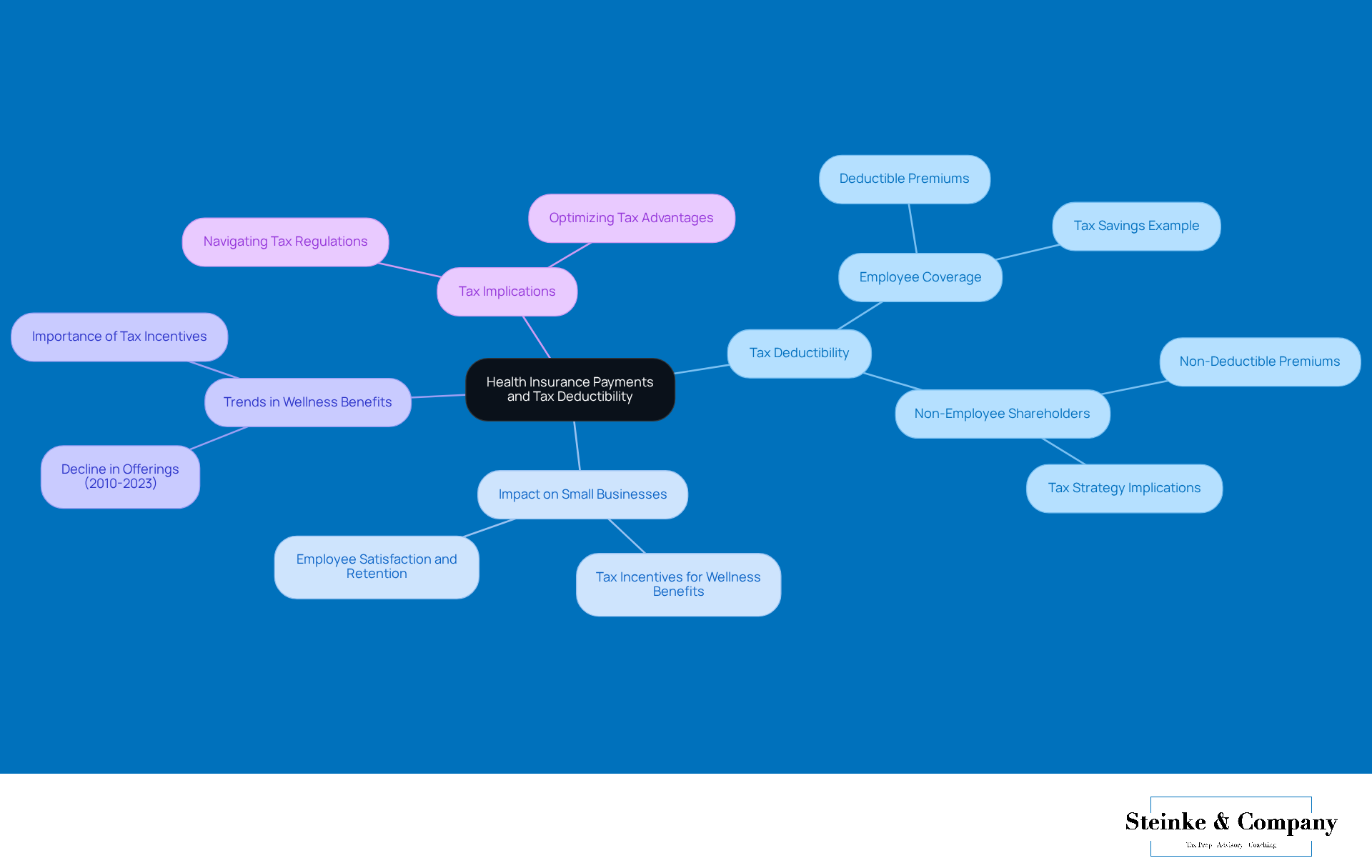 The central idea is health insurance payments, with branches showing how they affect tax deductibility, business strategies, and trends in employee benefits. Follow the branches to see how these concepts connect and impact small businesses. The central idea is health insurance payments, with branches showing how they affect tax deductibility, business strategies, and trends in employee benefits. Follow the branches to see how these concepts connect and impact small businesses.